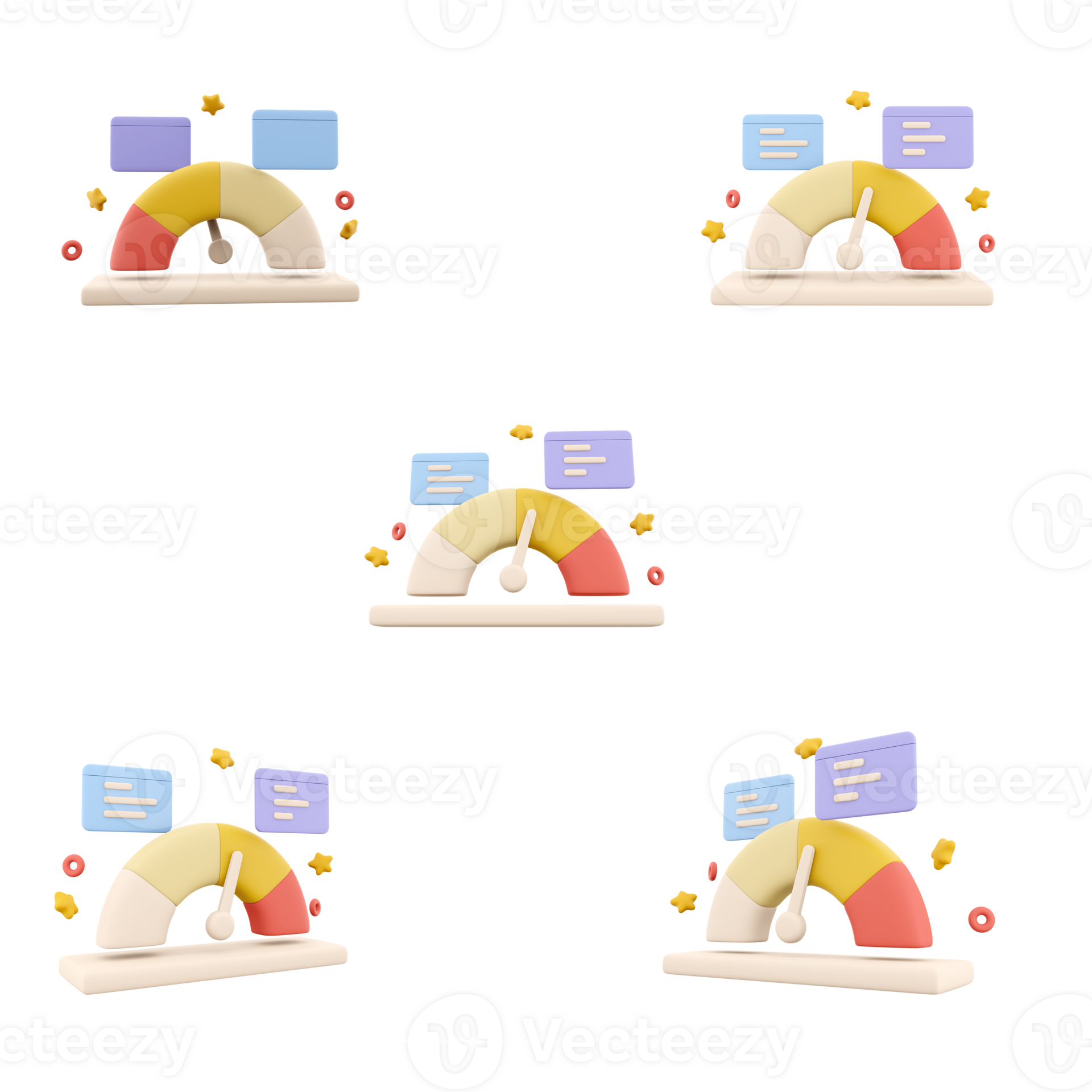 3d rendering speedometer with two messages icon set. 3d render increasing speedometer different ...