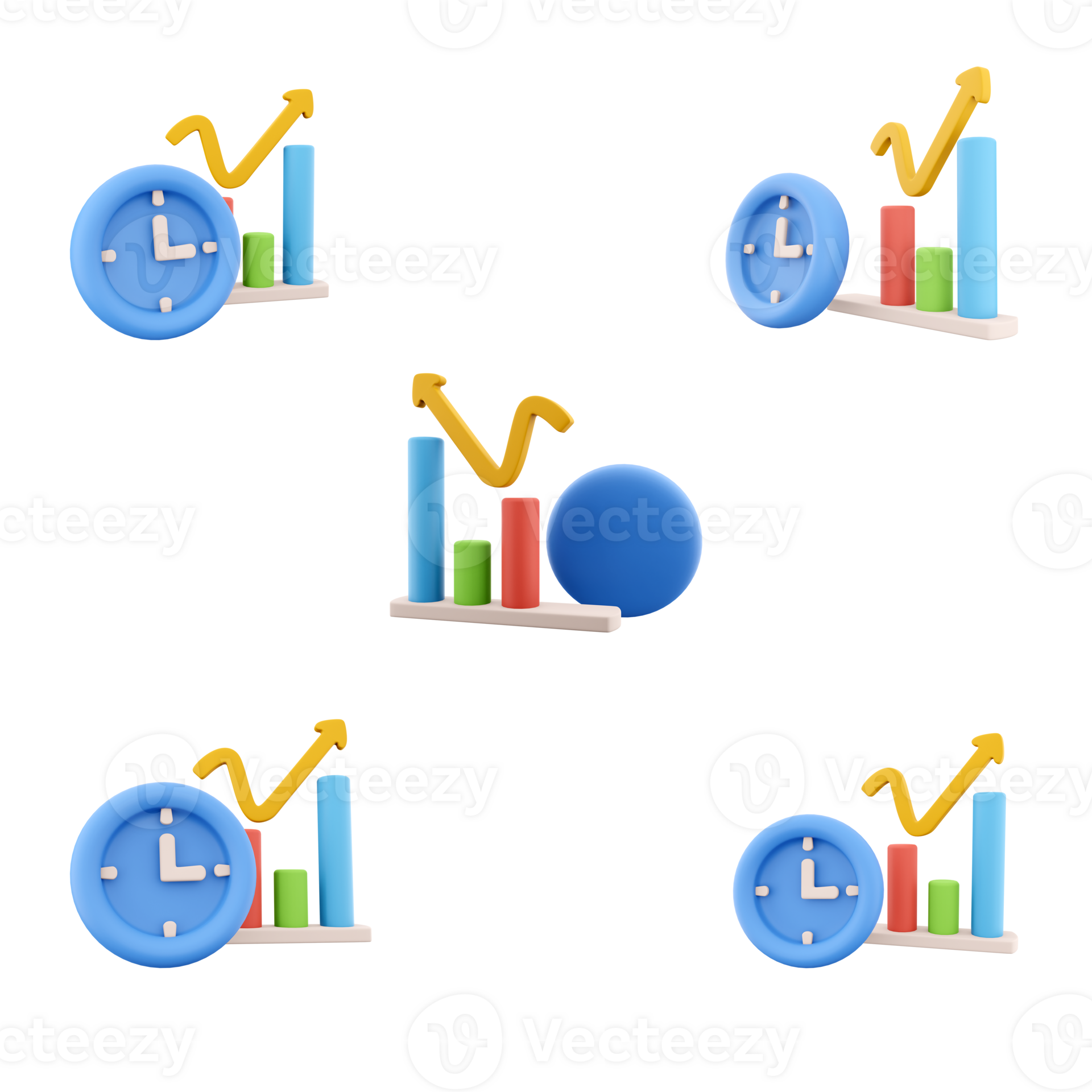 3d rendering charts, clocks and arrow icon set. 3d render business ...