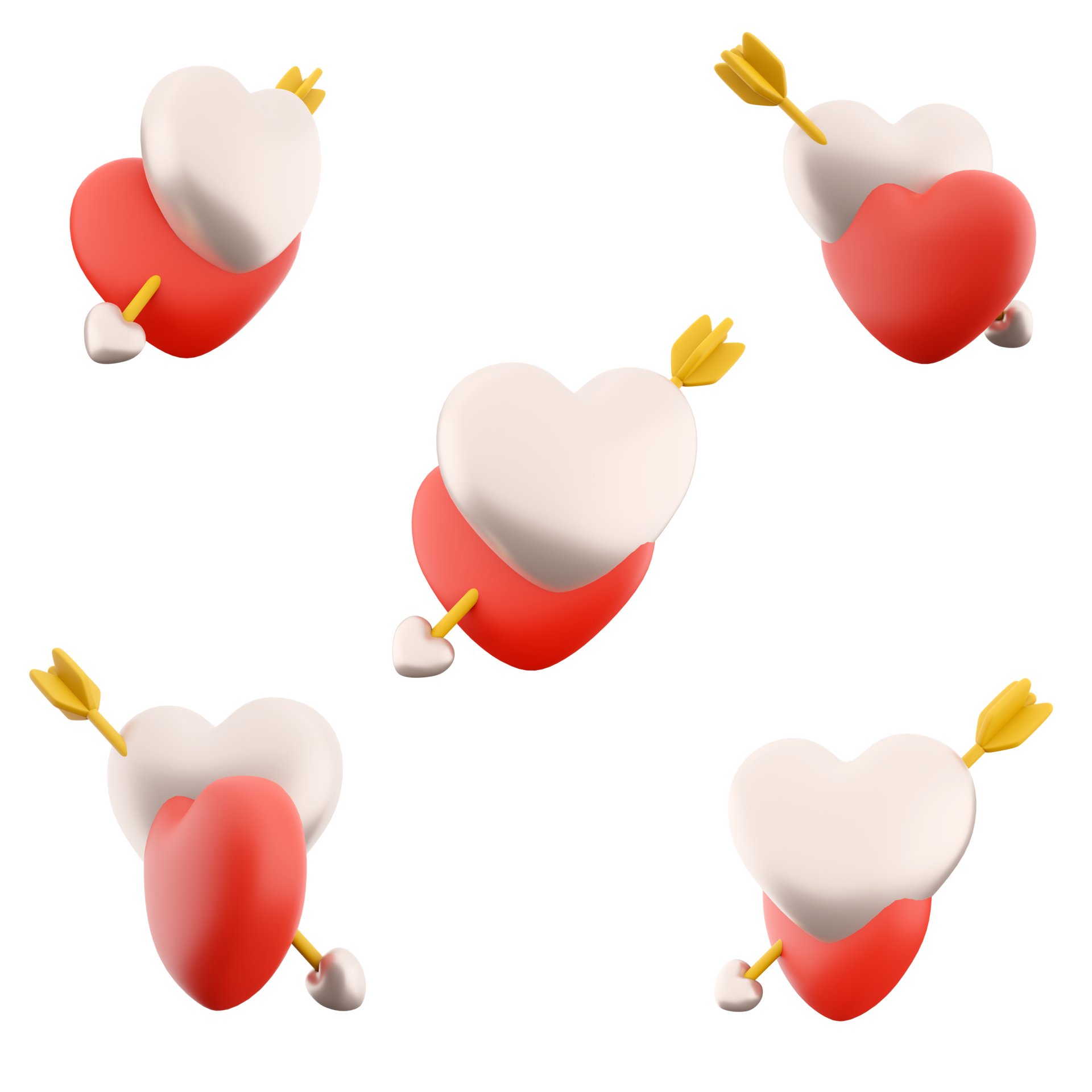 3d Rendering Two White And Red Hearts Pierced By Cupids Arrow Icon Set