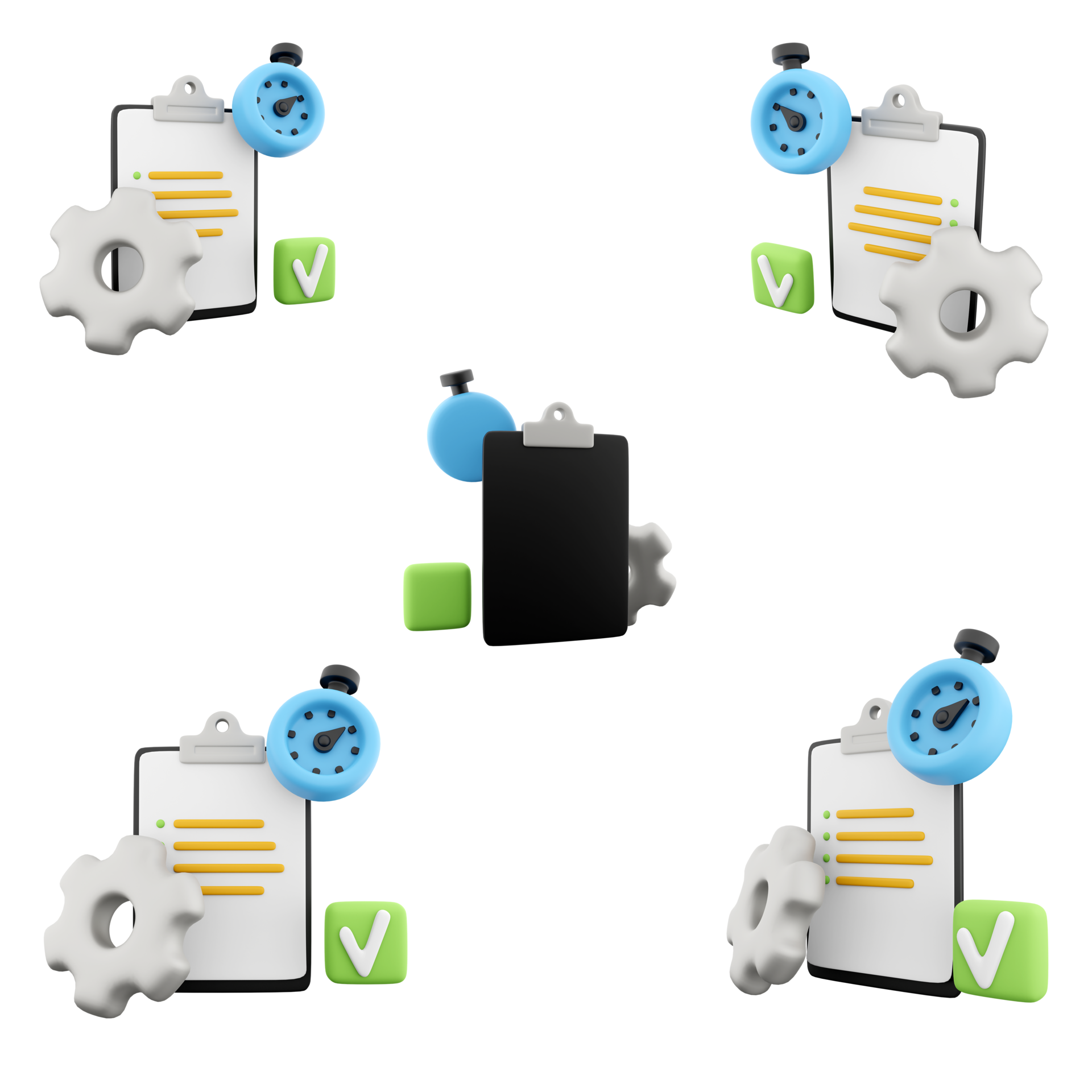 3d Rendering Notepad Timer And Gear Icon Set 3d Render Work In Focus Productivity Self