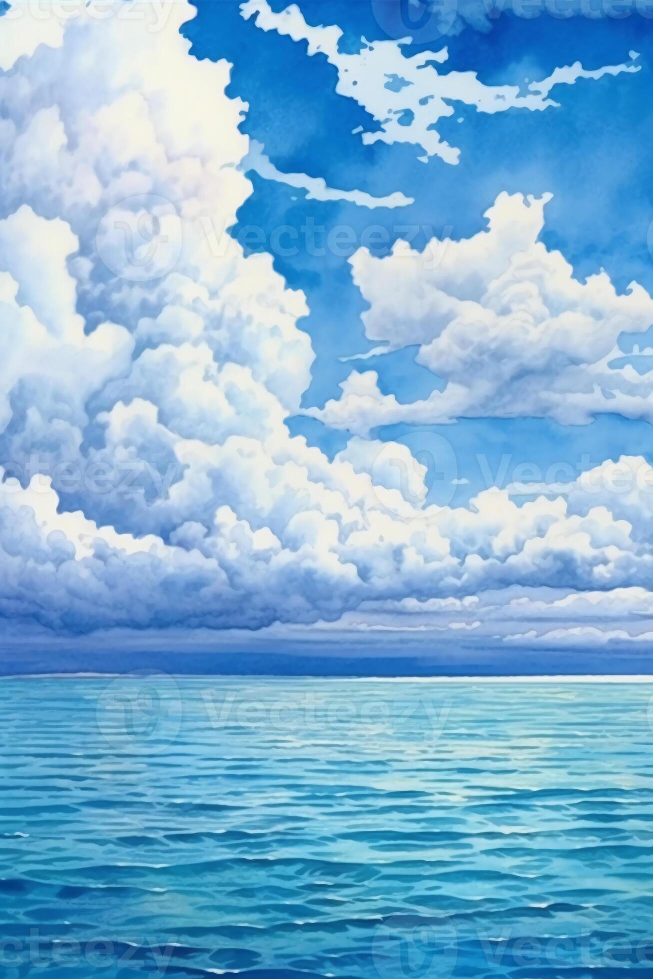 Blue sea, light blue sky and white clouds, Watercolor painting. 25220155 Stock Photo at Vecteezy