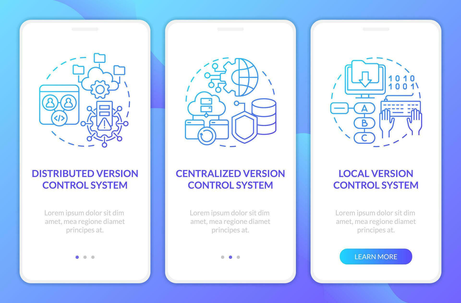Version control systems types blue gradient onboarding mobile app screen. Walkthrough 3 steps ...