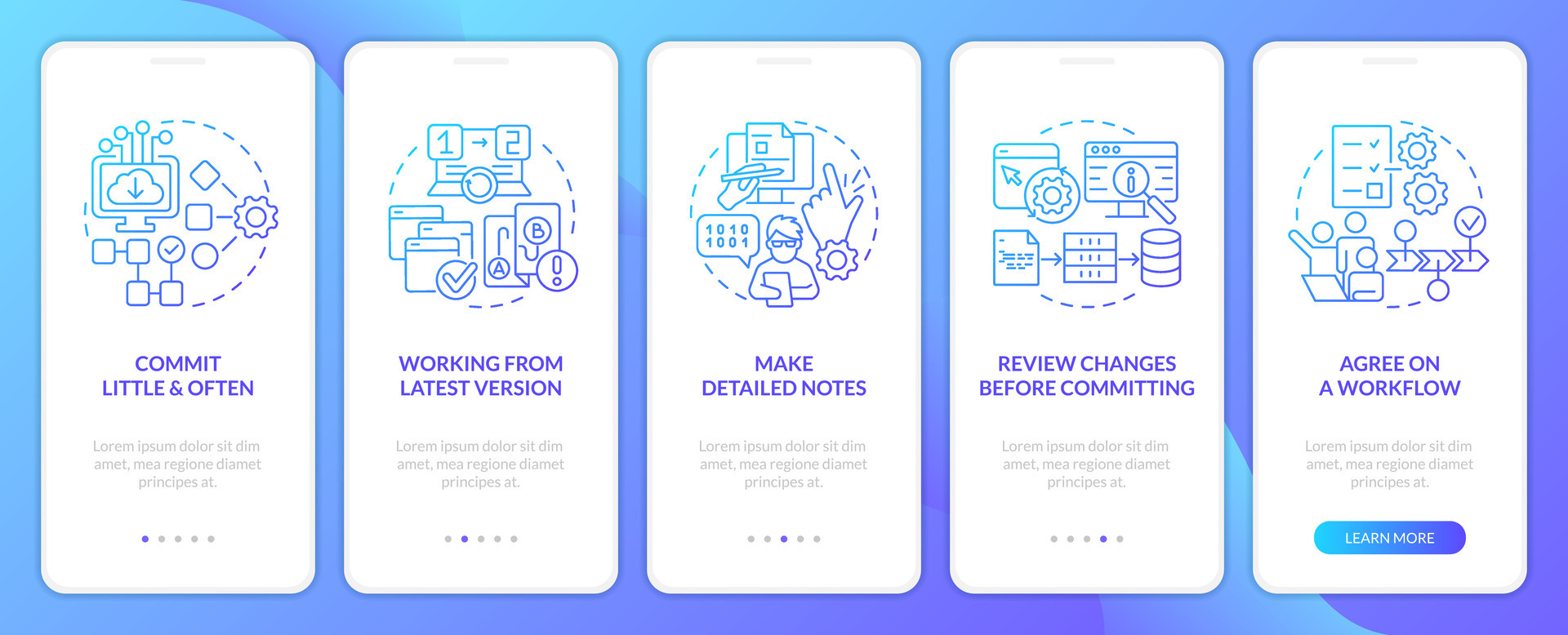 Source Code Management Practices Blue Gradient Onboarding Mobile App Screen Walkthrough 5 Steps 0522