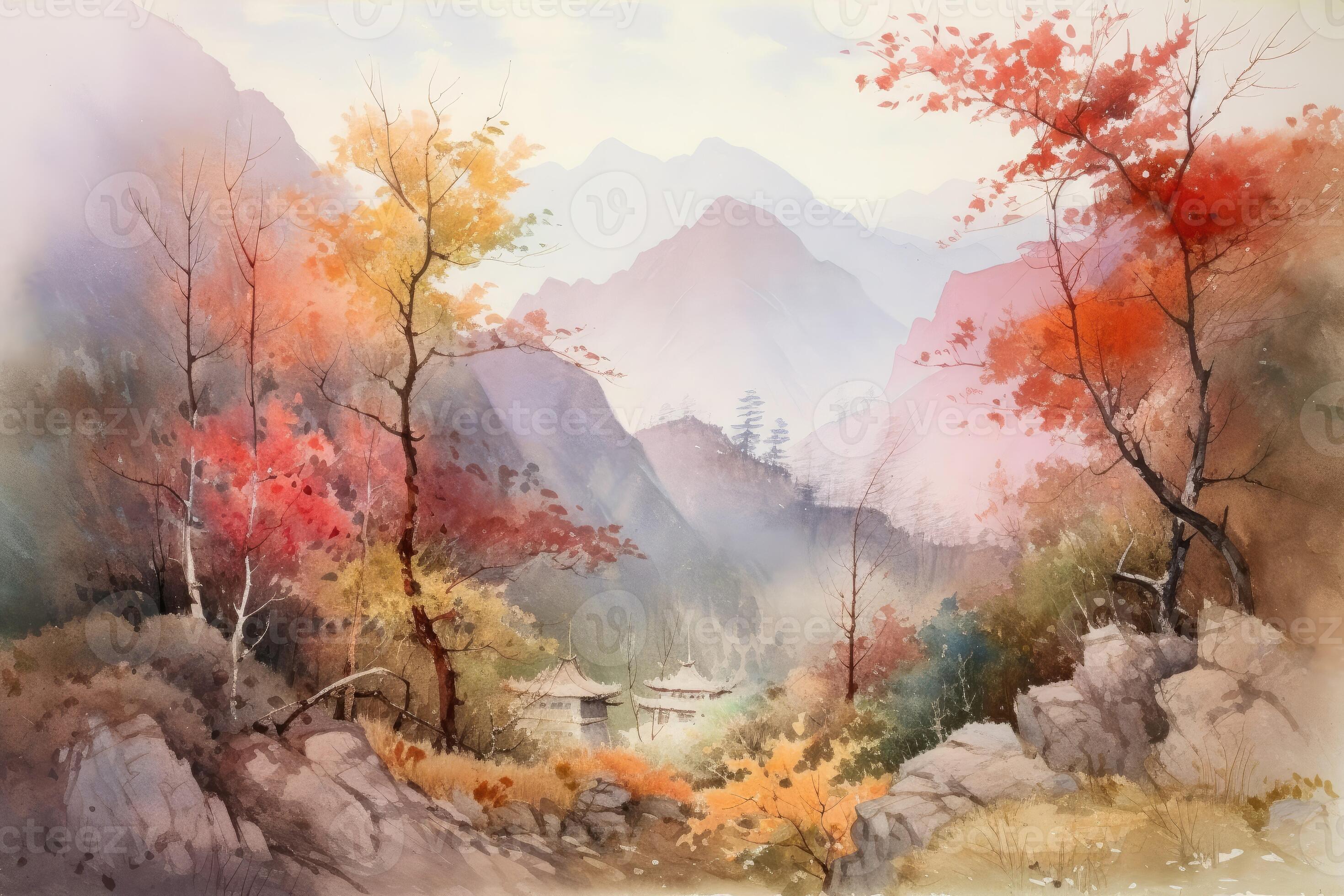 The mountain scenery in the watercolor painting was so vivid and feel the crisp air. 25248316 ...