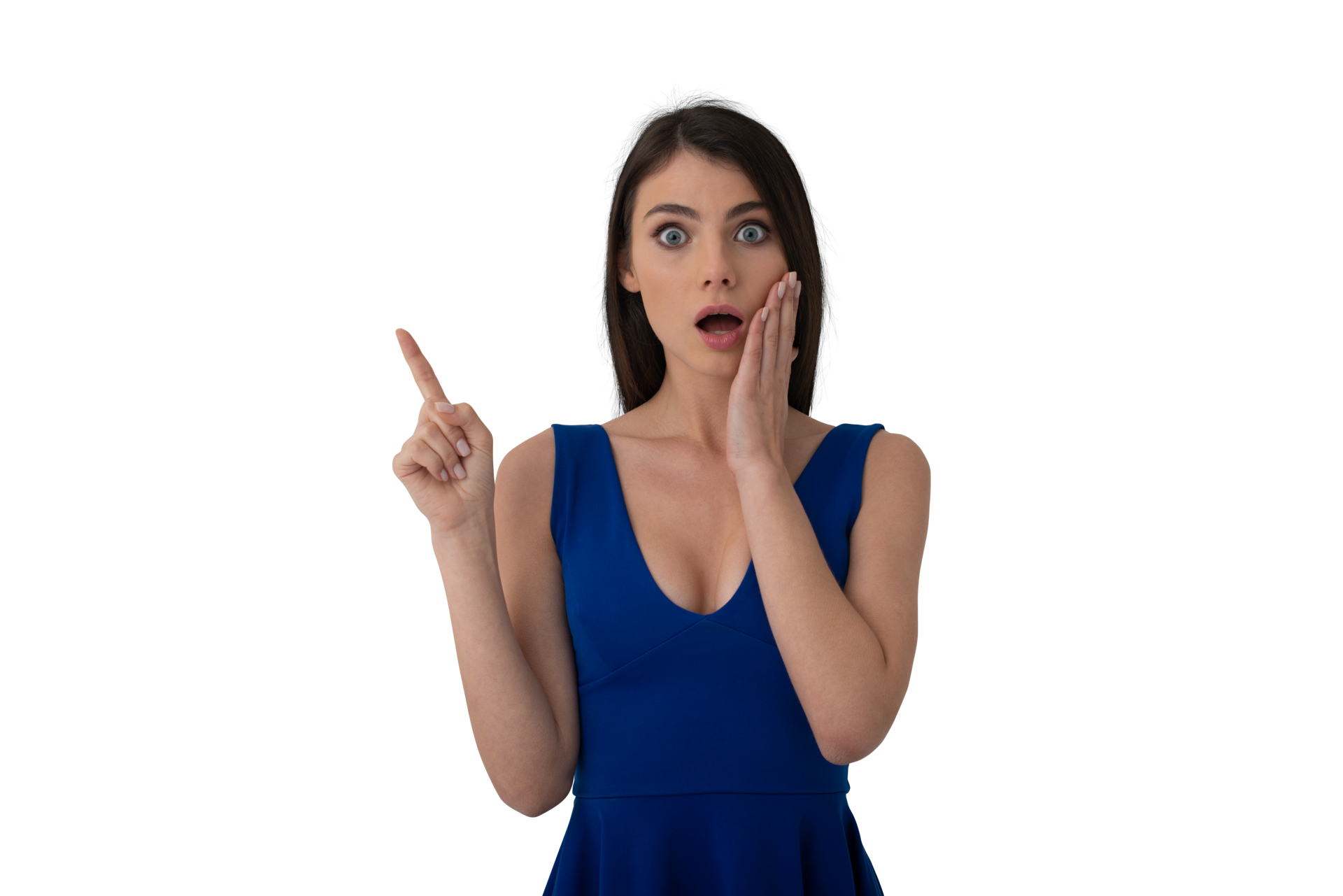 Isolated Surprised And Amazed Beautiful Woman Indicates Something
