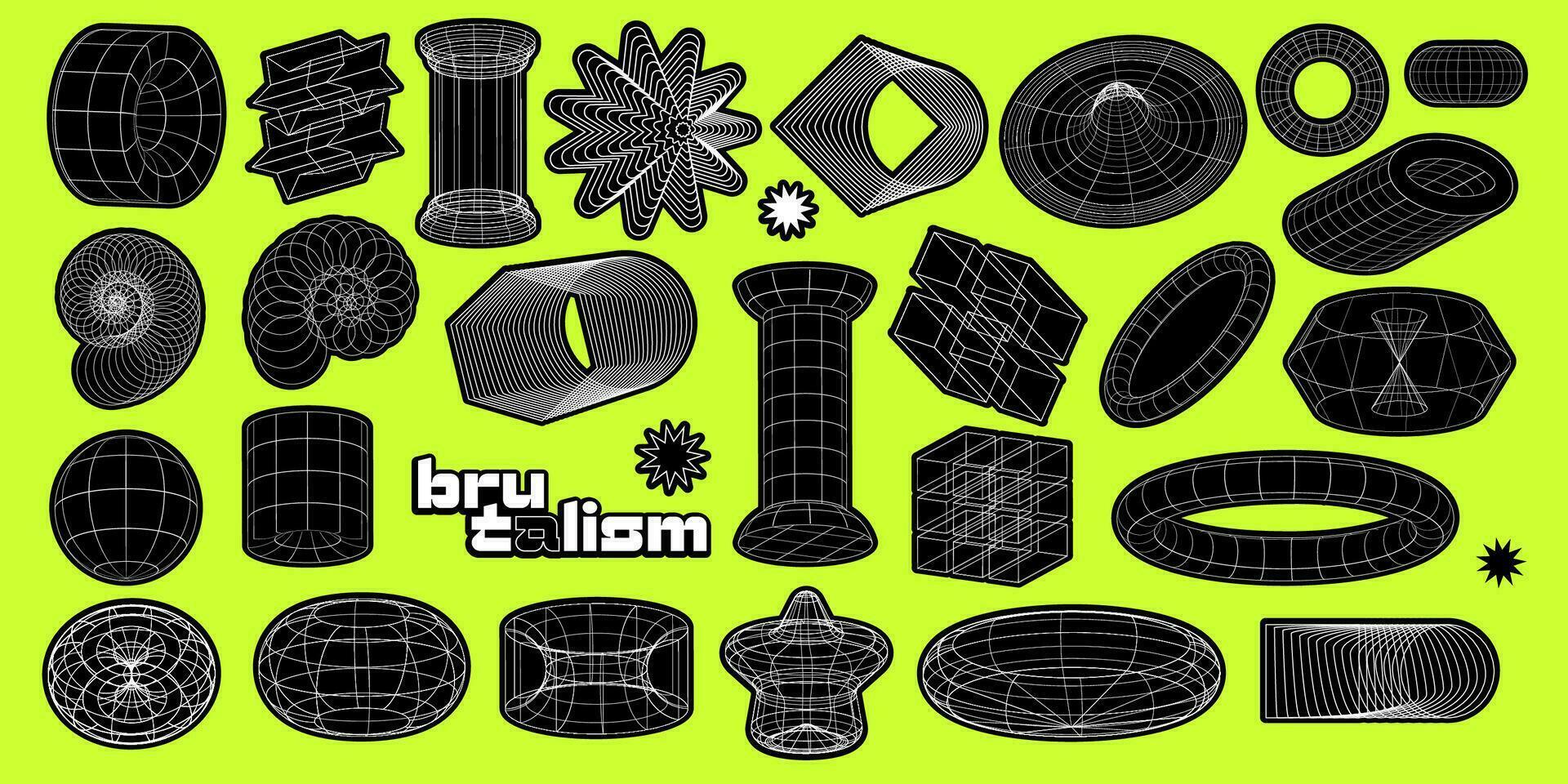 Stickers pack with different linear brutalism form. Set of strange geometric wireframes vector ...