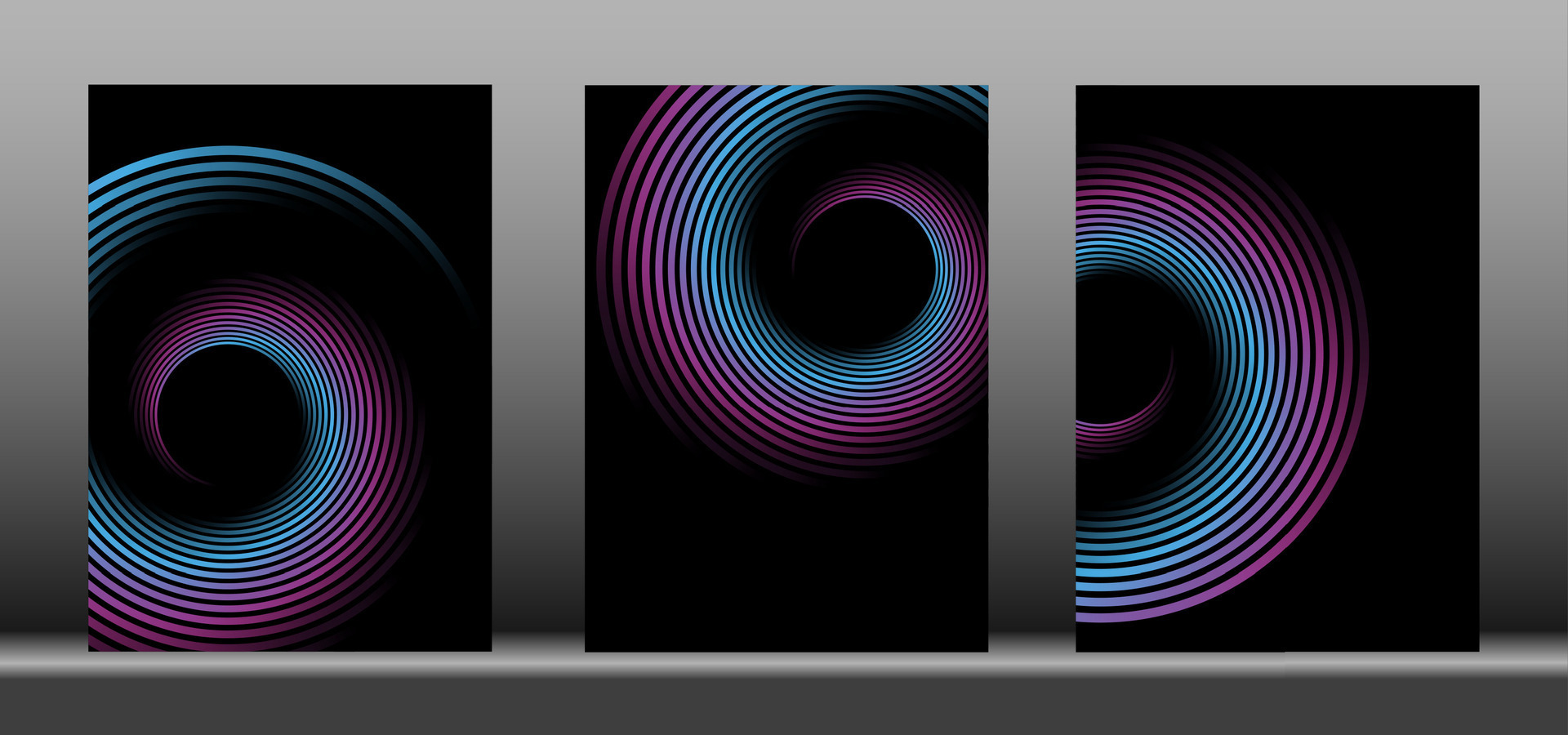 Set Of Abstract Colorful Circles Spiral Lines Pattern Isolated On Black Background Vector