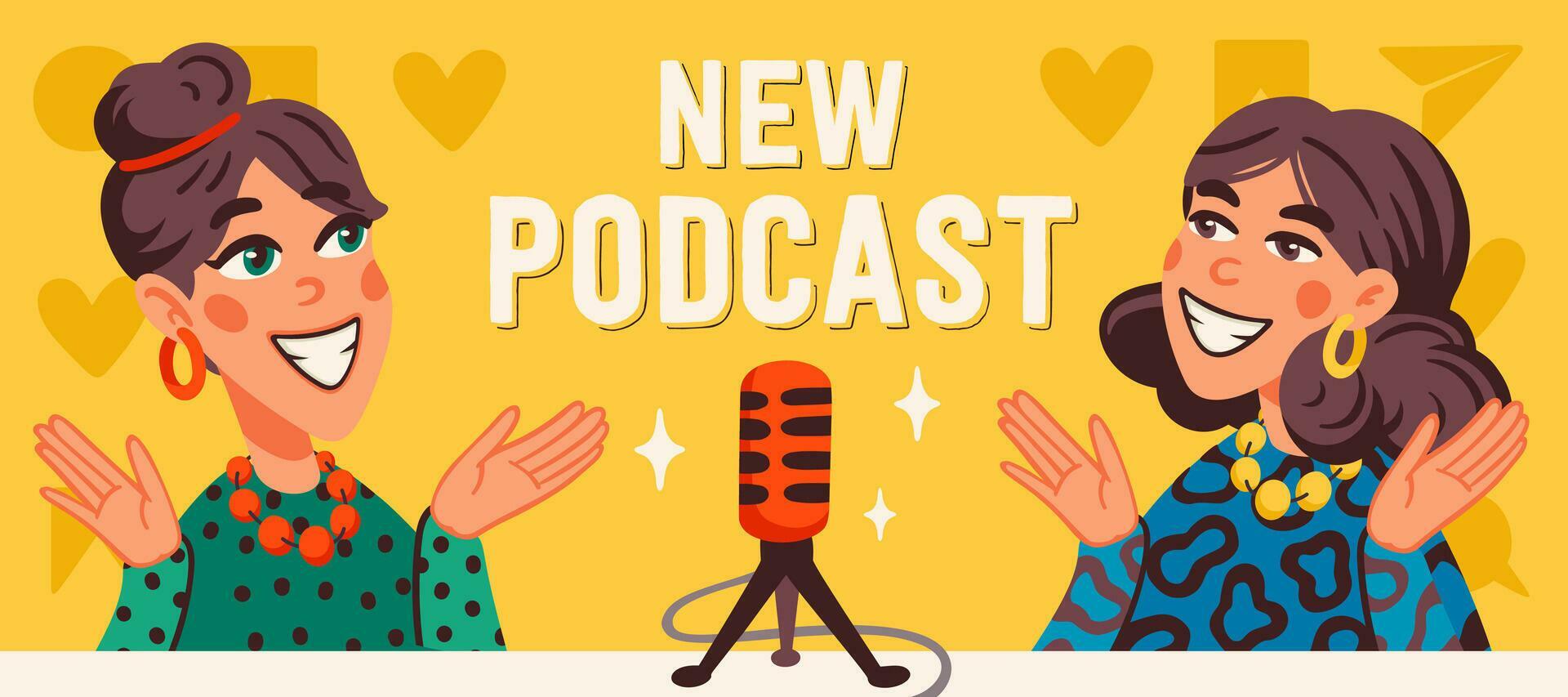 Podcast cover concept. Two joyful girls recording audio podcast or ... Podcast cover concept. Two joyful girls recording audio podcast or ...