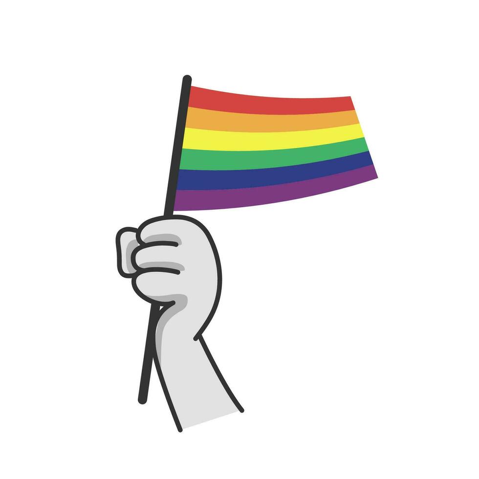 Hand holding lgbt rainbow flag. Cartoon arm doodle holding Pride symbol ...