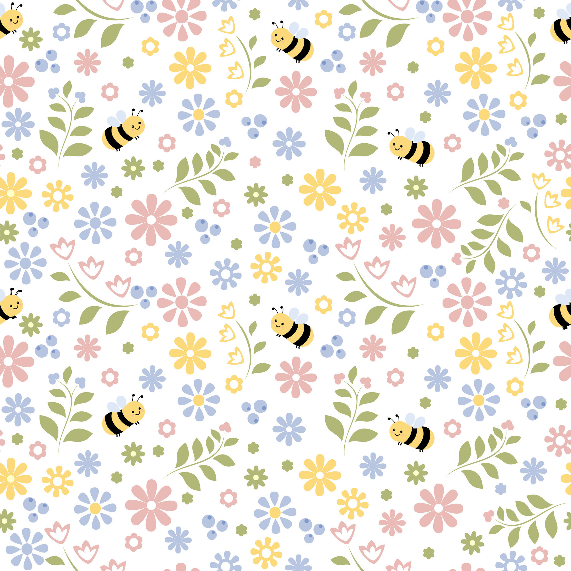 Cute hand drawn spring summer flowers and bees. Seamless floral pattern ...