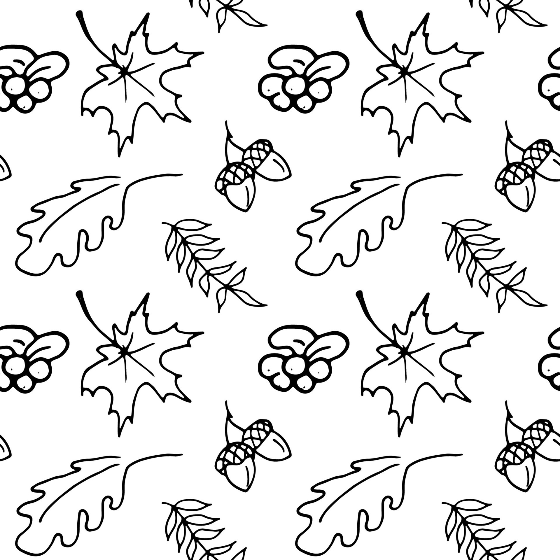 Black Seamless Pattern Autumn Leaves Acorns Berry Oak And Rowan Leaf