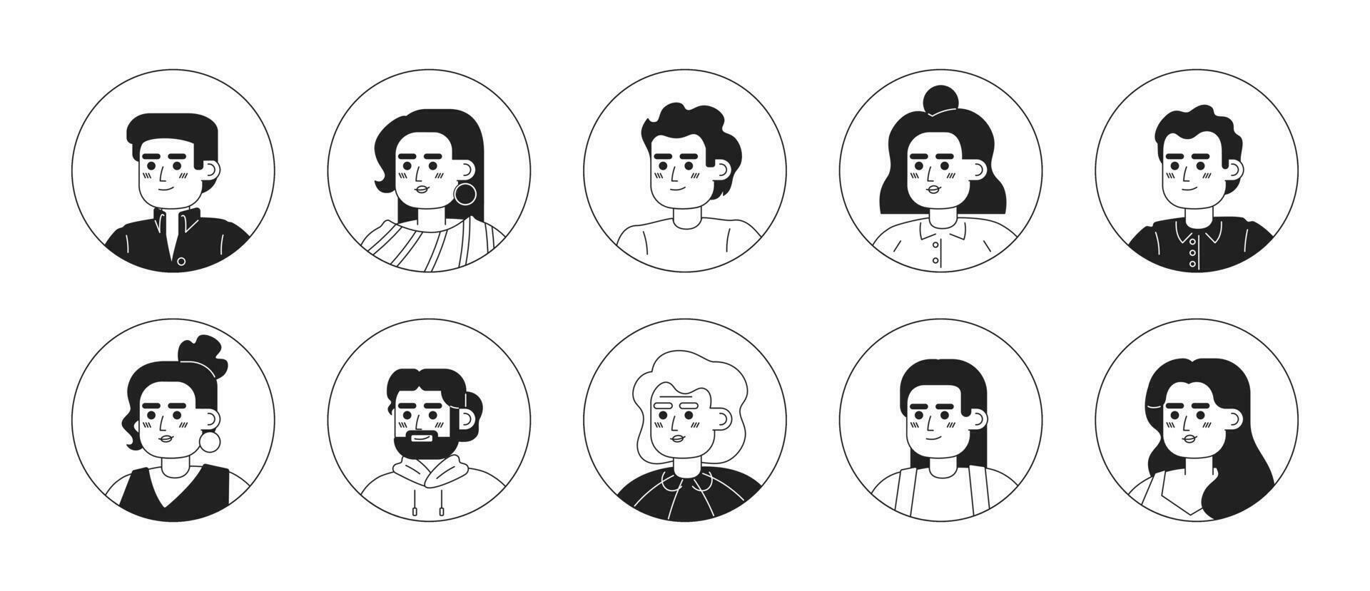 Happy Hispanic People Monochrome Flat Linear Character Heads Bundle Young Adult People