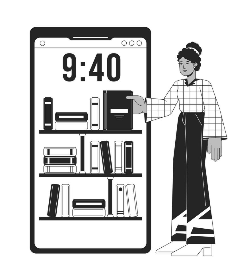 Online library bw concept vector spot illustration. Student takes book ...