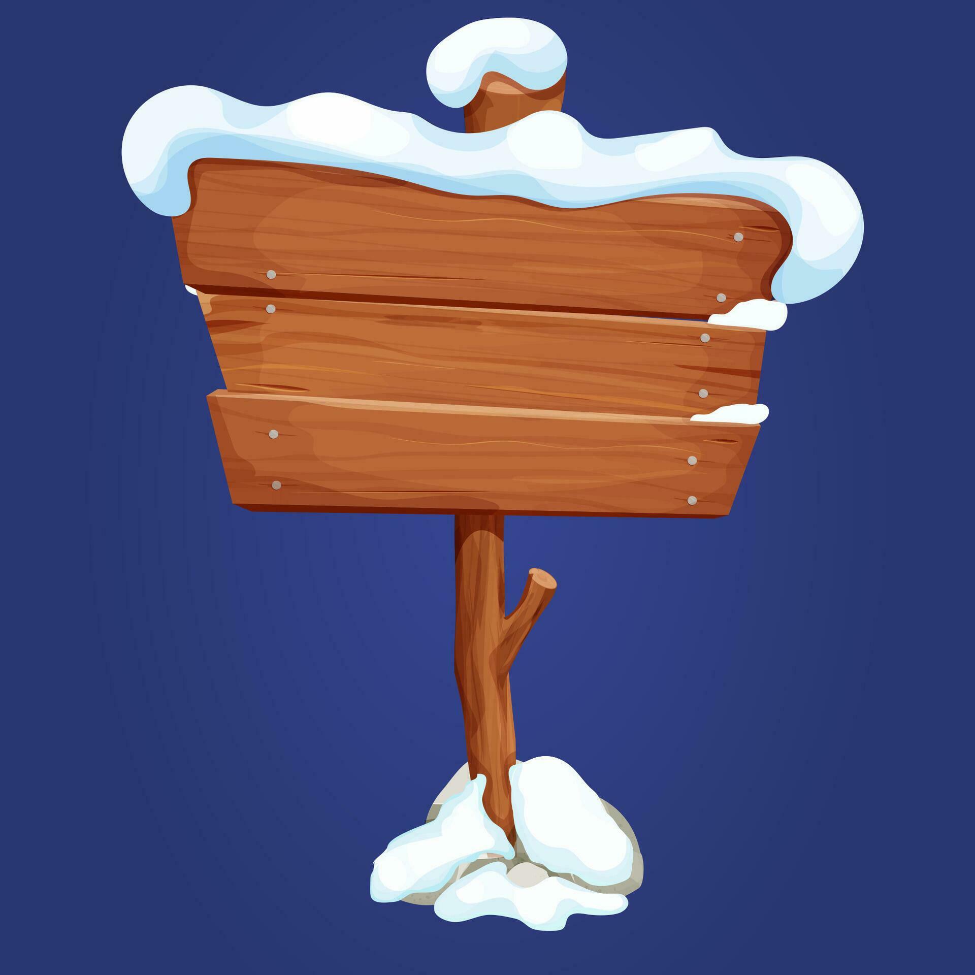 Old Wooden Blank Signboard With Snow In Cartoon Style Empty Frame