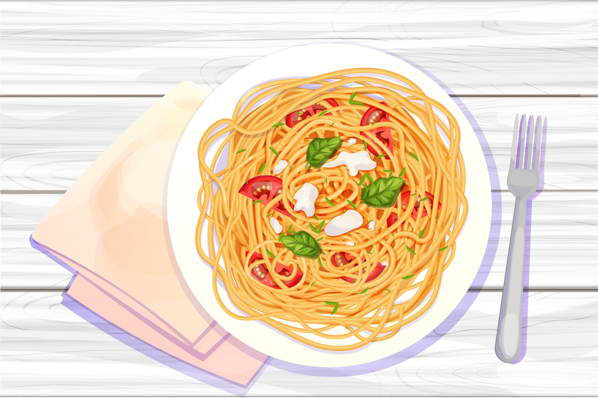Spaghetti Pasta in wooden plate with tomatos, basil, mozzarella in ...