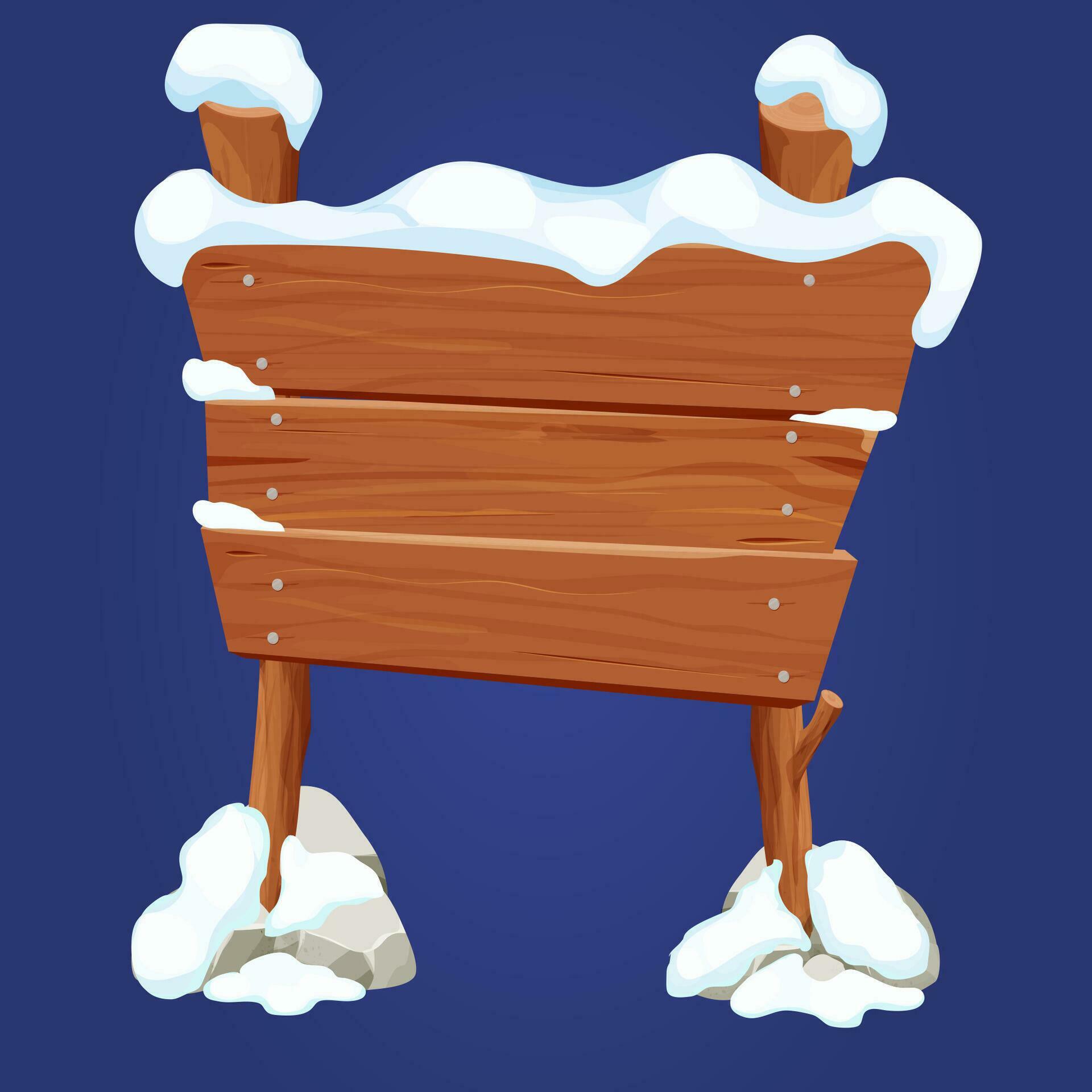 Old Wooden Blank Signboard With Snow In Cartoon Style Empty Frame