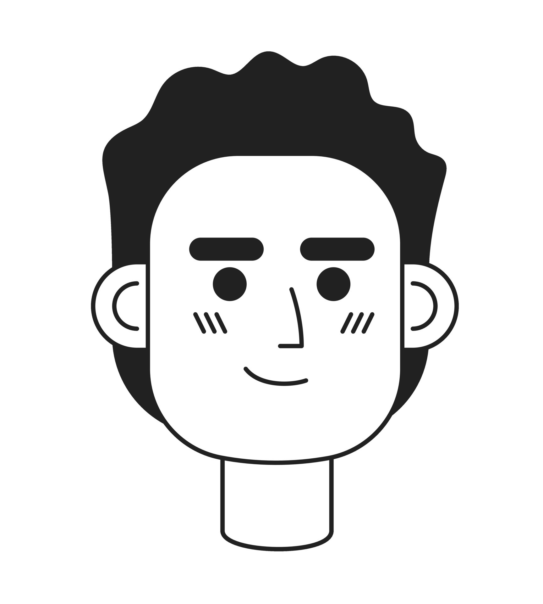 Happy Curly Haired Man Monochrome Flat Linear Character Head Editable