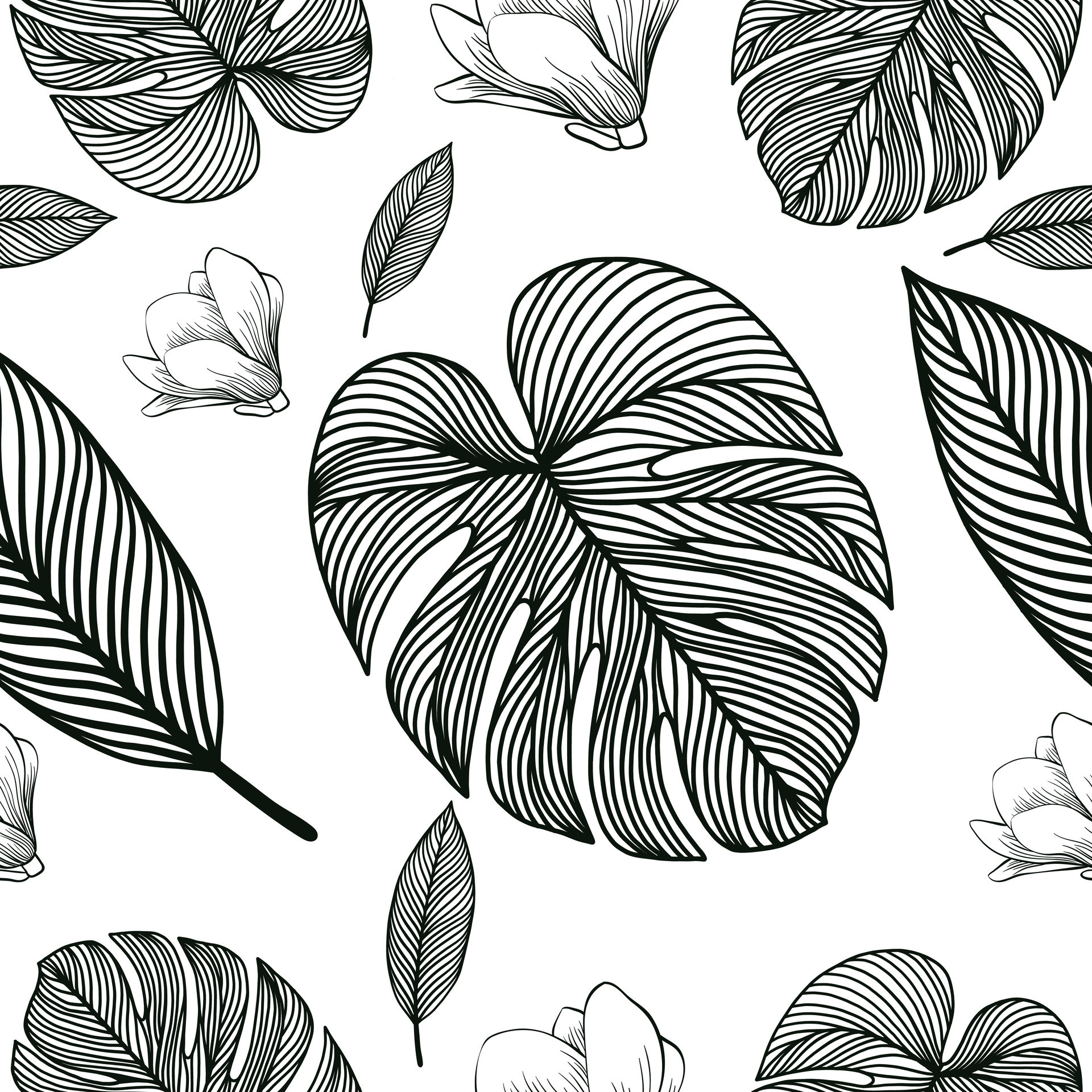 Botanical seamless pattern, hand drawn line art leaves on white ...