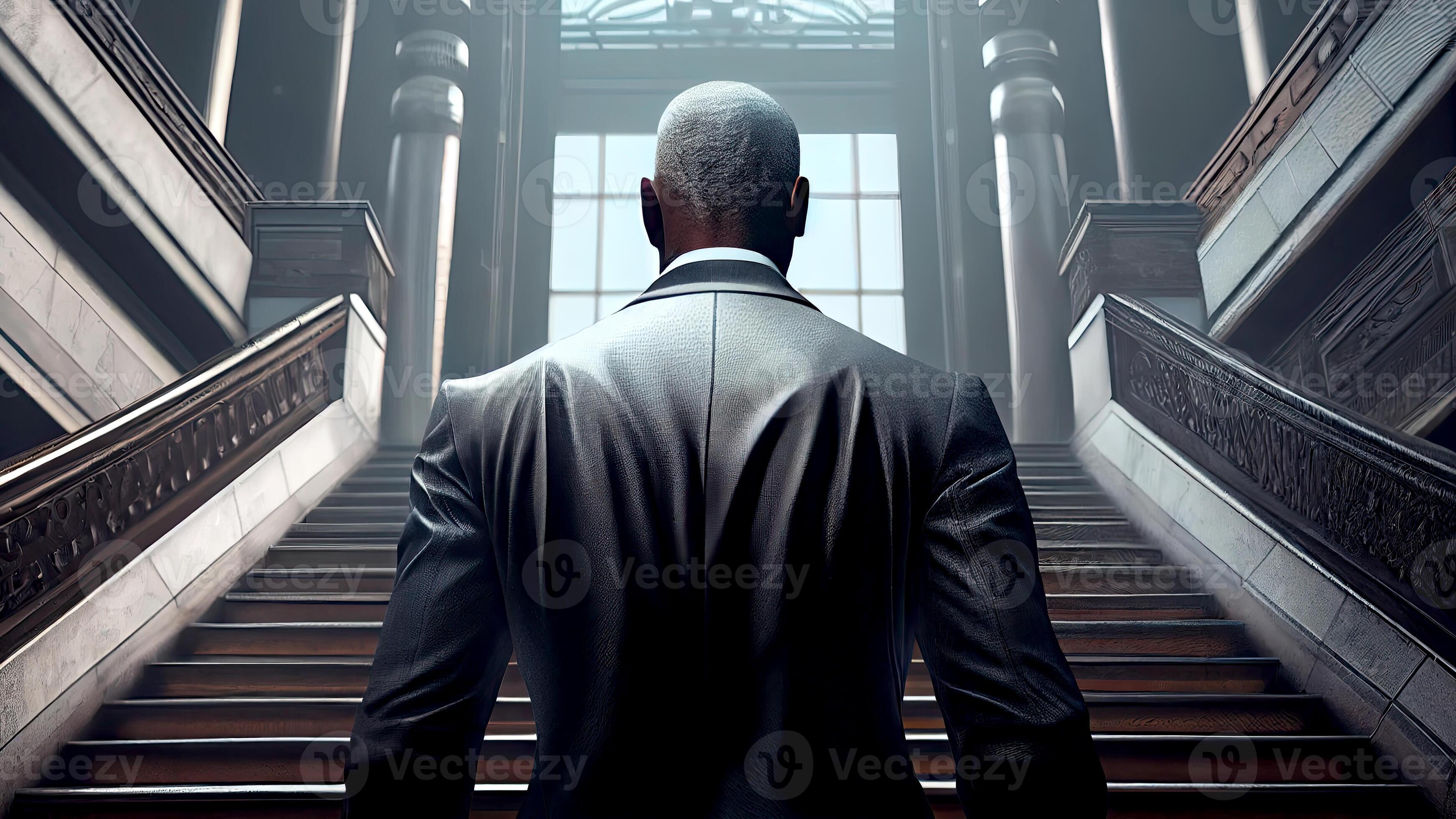 Back View Of Businessman Climbing Stairs Towards The Lights Door