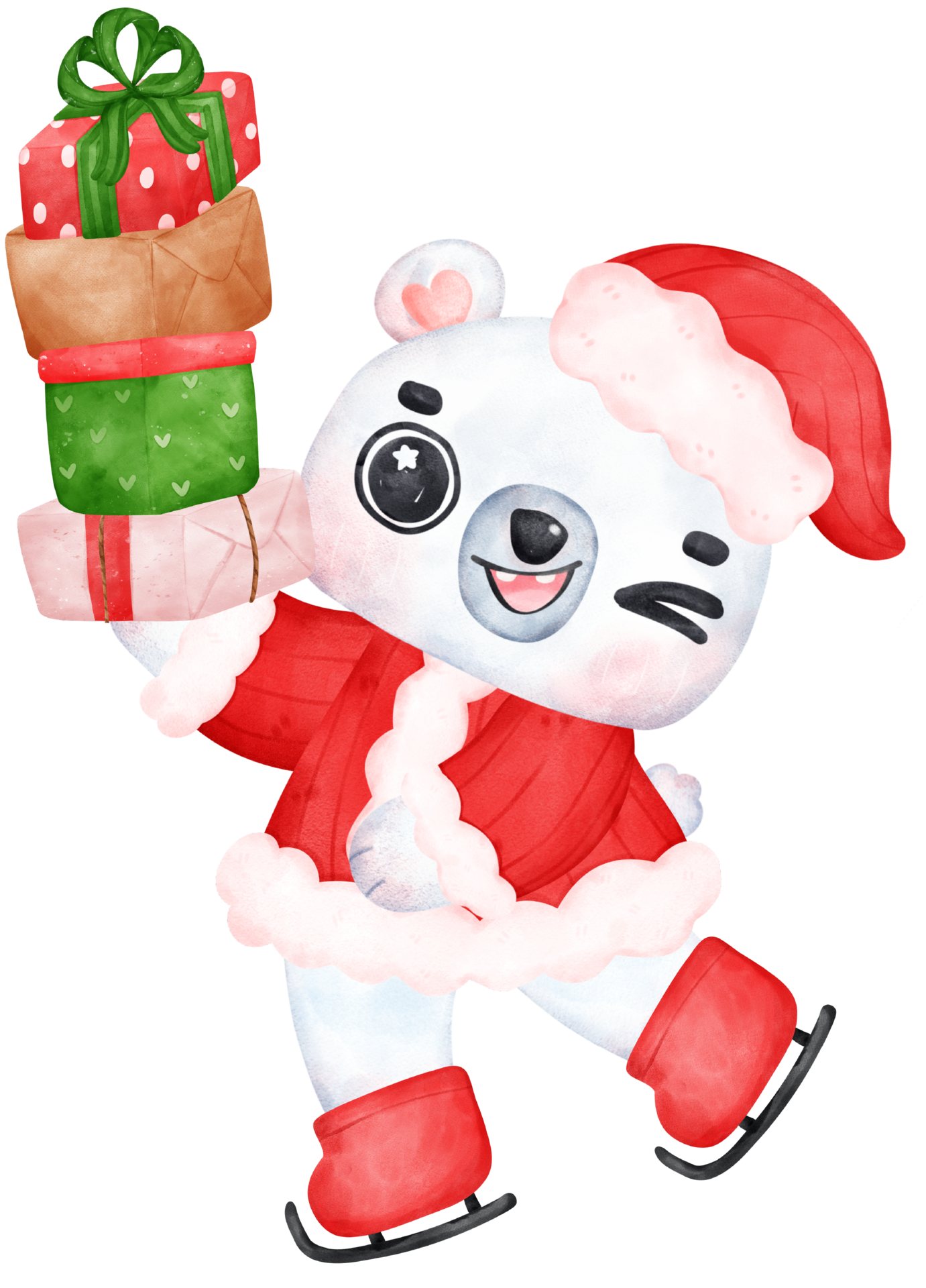 Christmas Surprise, joyful Adorable Polar Bear on skating with Stacked ...