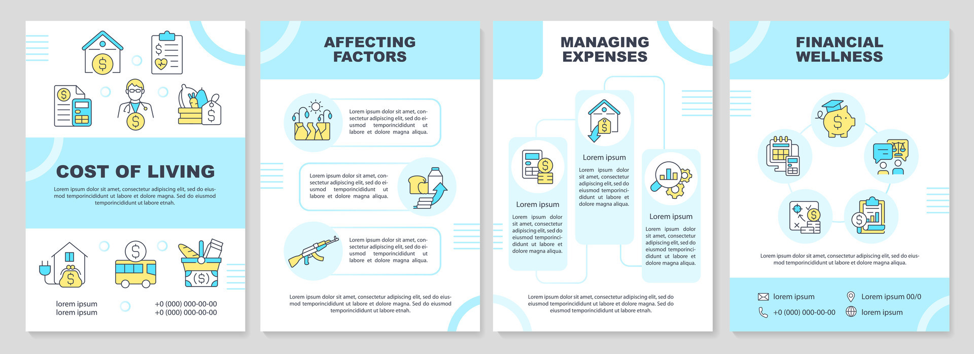Cost of living turquoise brochure template. Basic need. Leaflet design with linear icons ...
