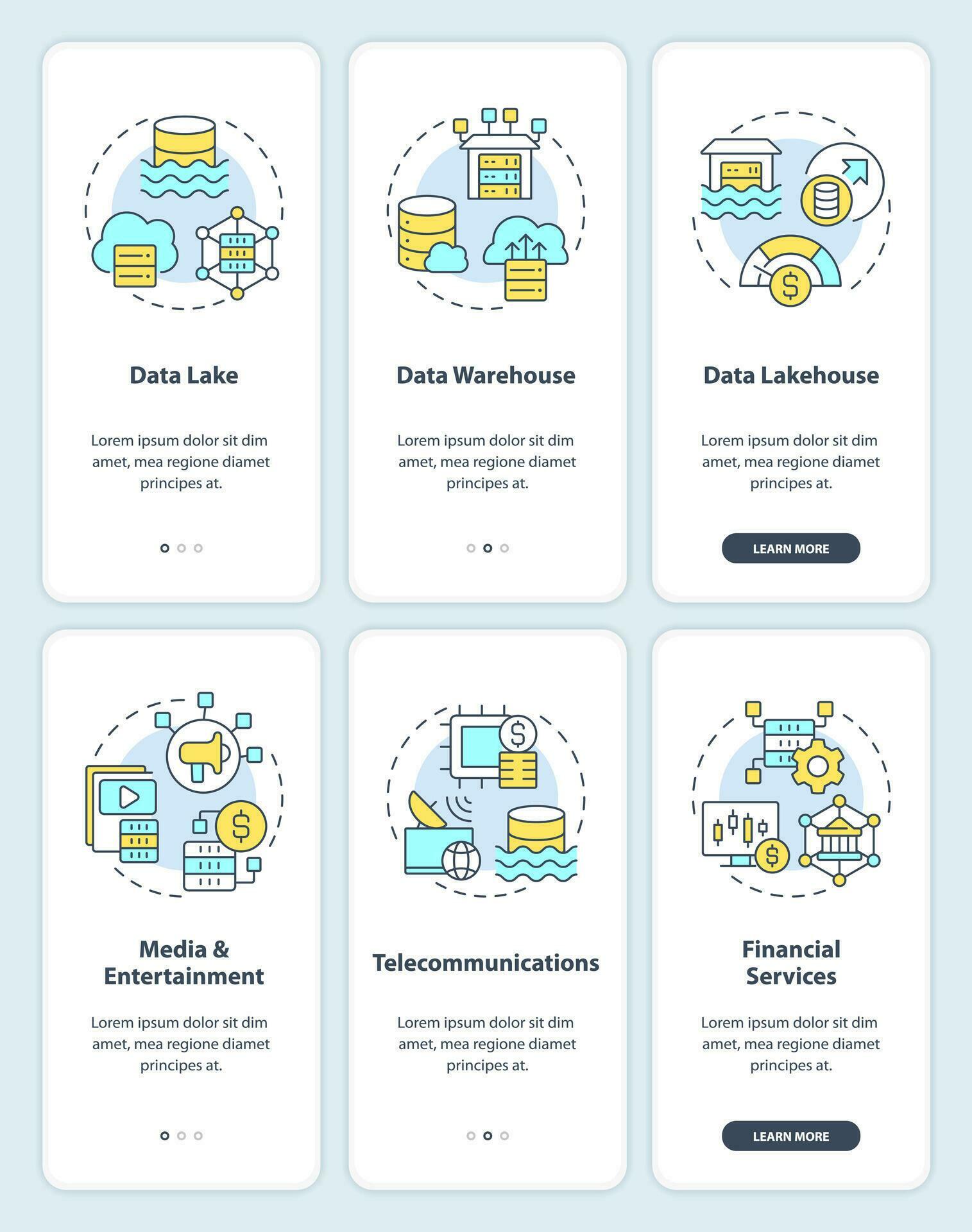 Data Lake Onboarding Mobile App Screens Storage Usage Walkthrough 3 Steps Editable Graphic