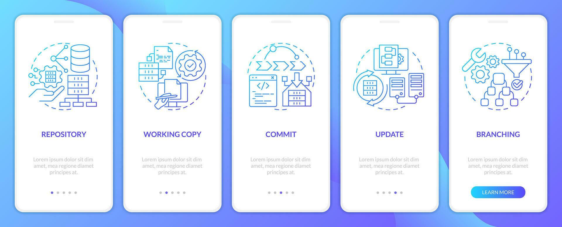Source Control Concepts Blue Gradient Onboarding Mobile App Screen Code Walkthrough 5 Steps