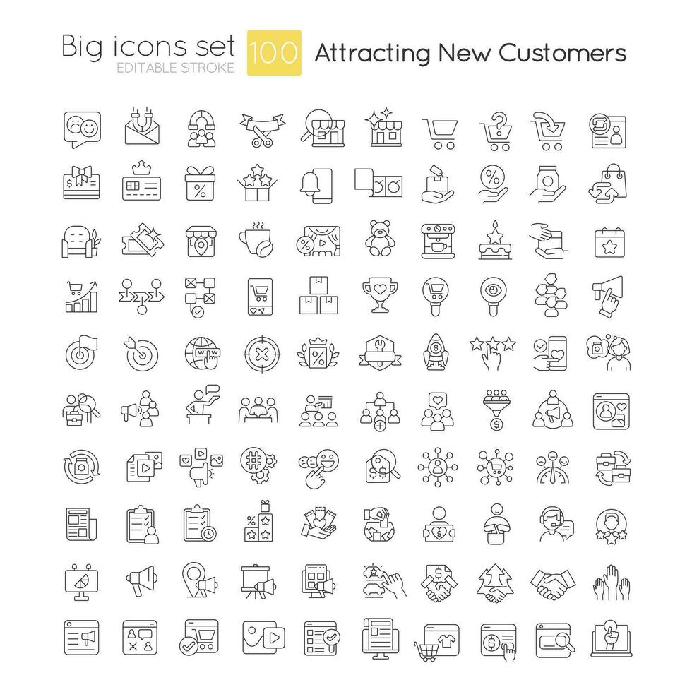 Attracting new customers linear big icons set. Finding potential clients. Customizable thin line ...
