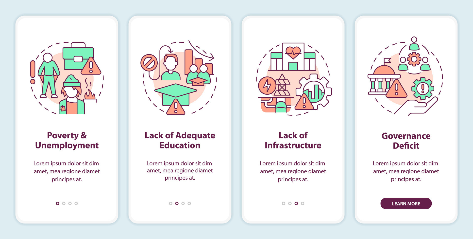 Challenges For Inclusive Growth Onboarding Mobile App Screen Walkthrough 4 Steps Editable