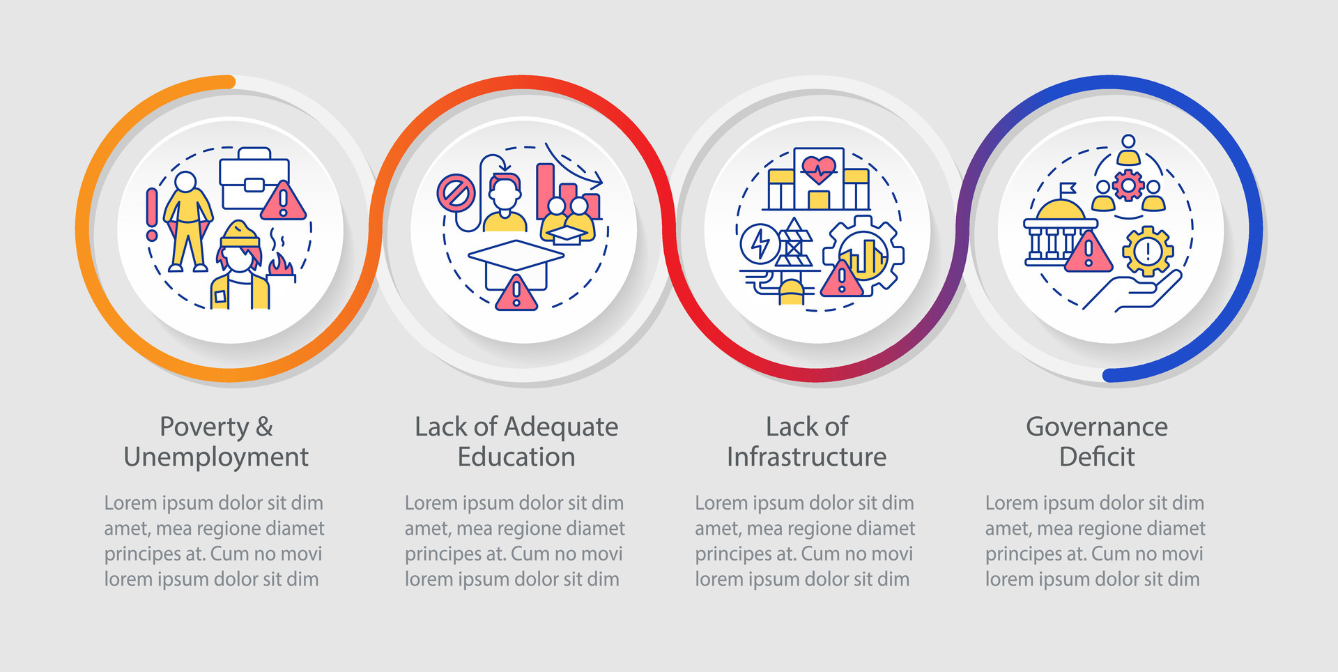 Inclusive growth issues in poor countries loop infographic template. Data visualization with 4 ...