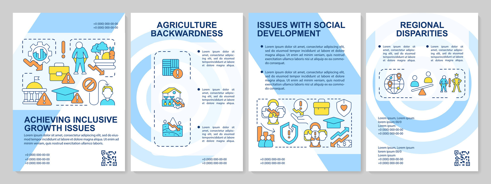 Challenges of inclusive development blue brochure template. Leaflet design with linear icons ...