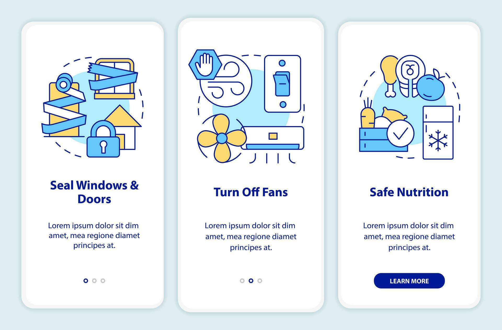 Actions At Home During Nuclear Disaster Onboarding Mobile App Screen Walkthrough 3 Steps