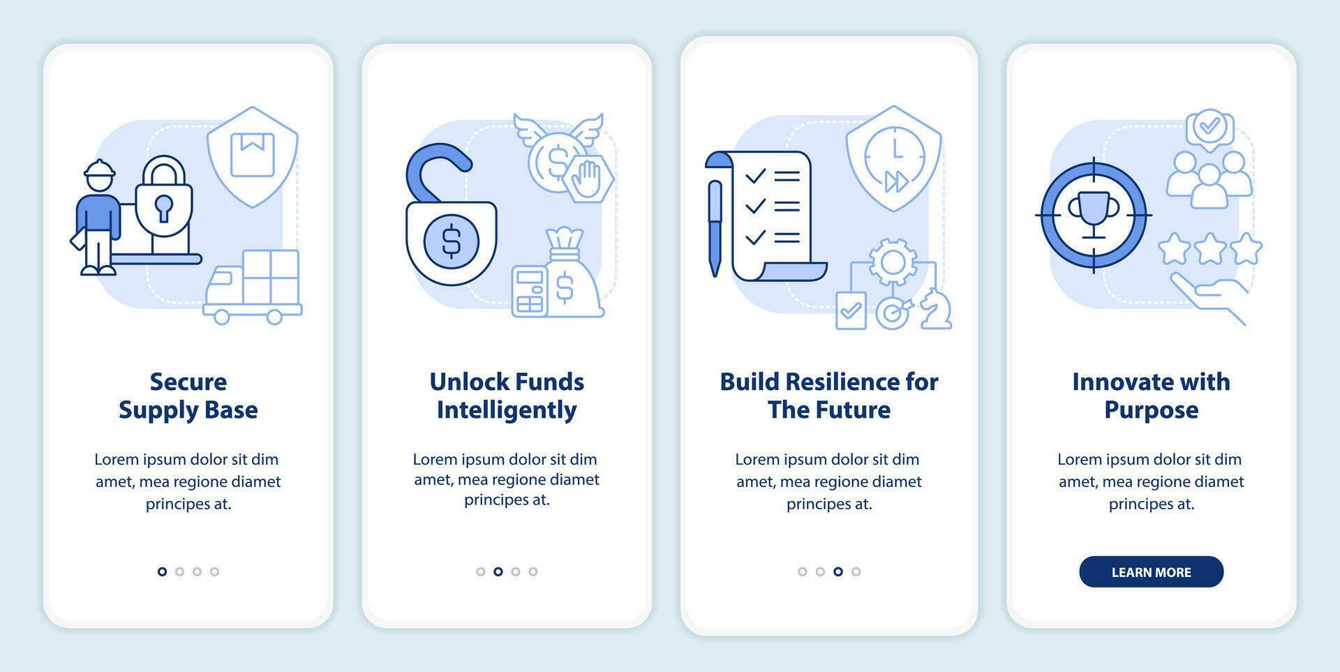 Immediate attention areas light blue onboarding mobile app screen. SCM walkthrough 4 steps ...