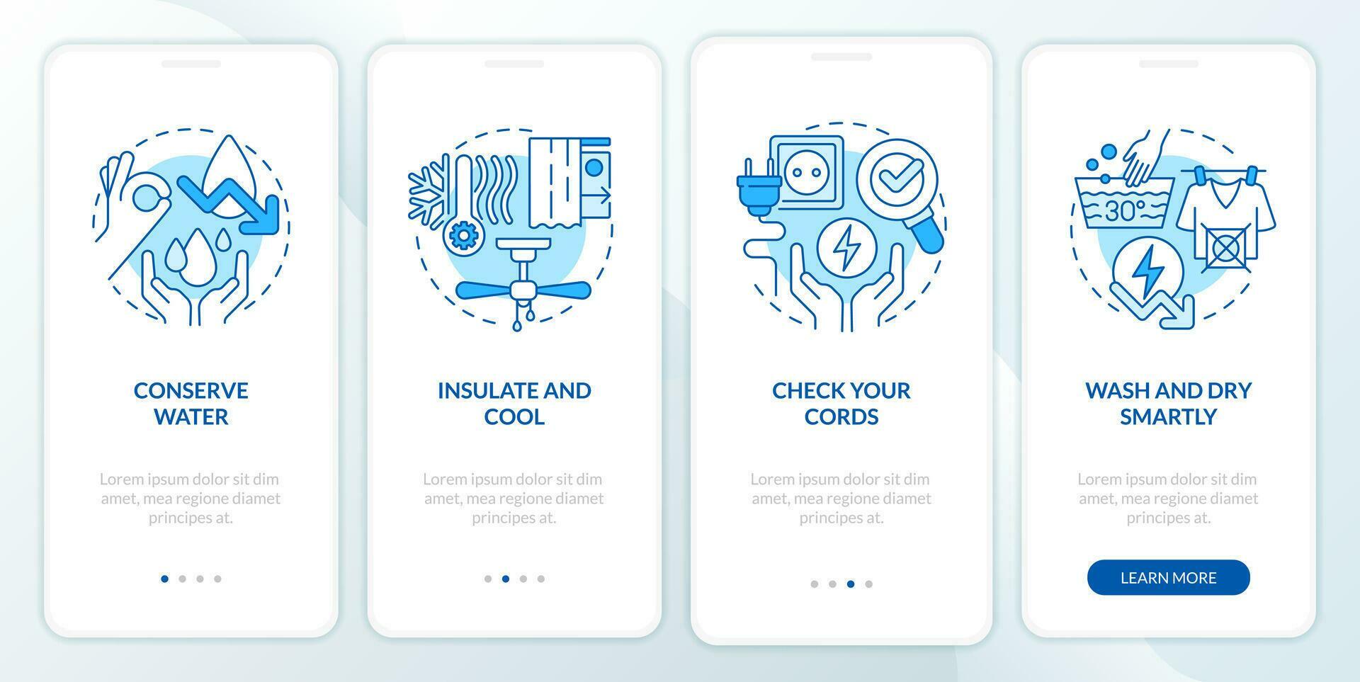 Energy Efficiency At Home Blue Onboarding Mobile App Screen Walkthrough 4 Steps Editable
