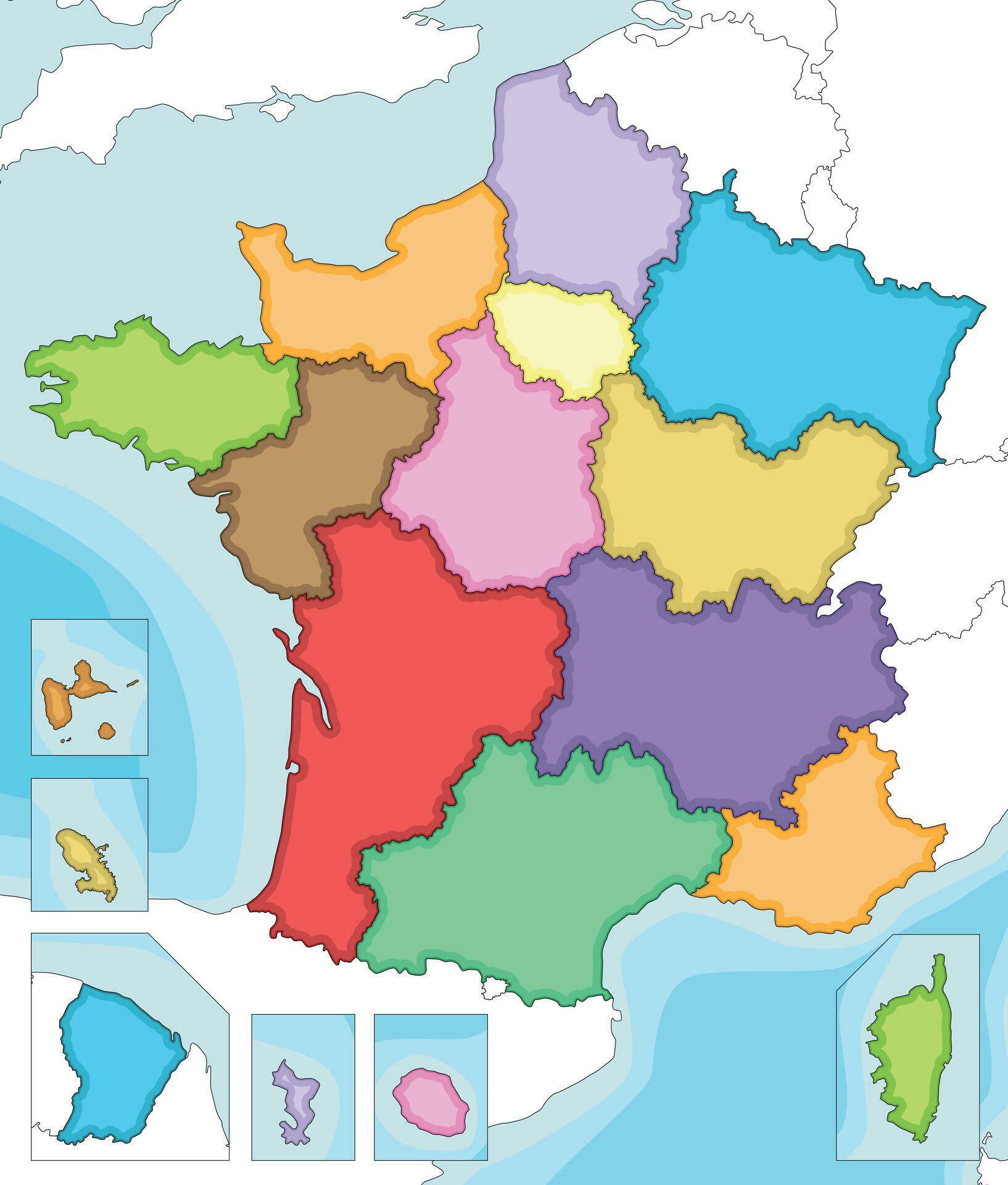 Vector illustrated blank map of France with regions and territories and ... Vector illustrated blank map of France with regions and territories and ...