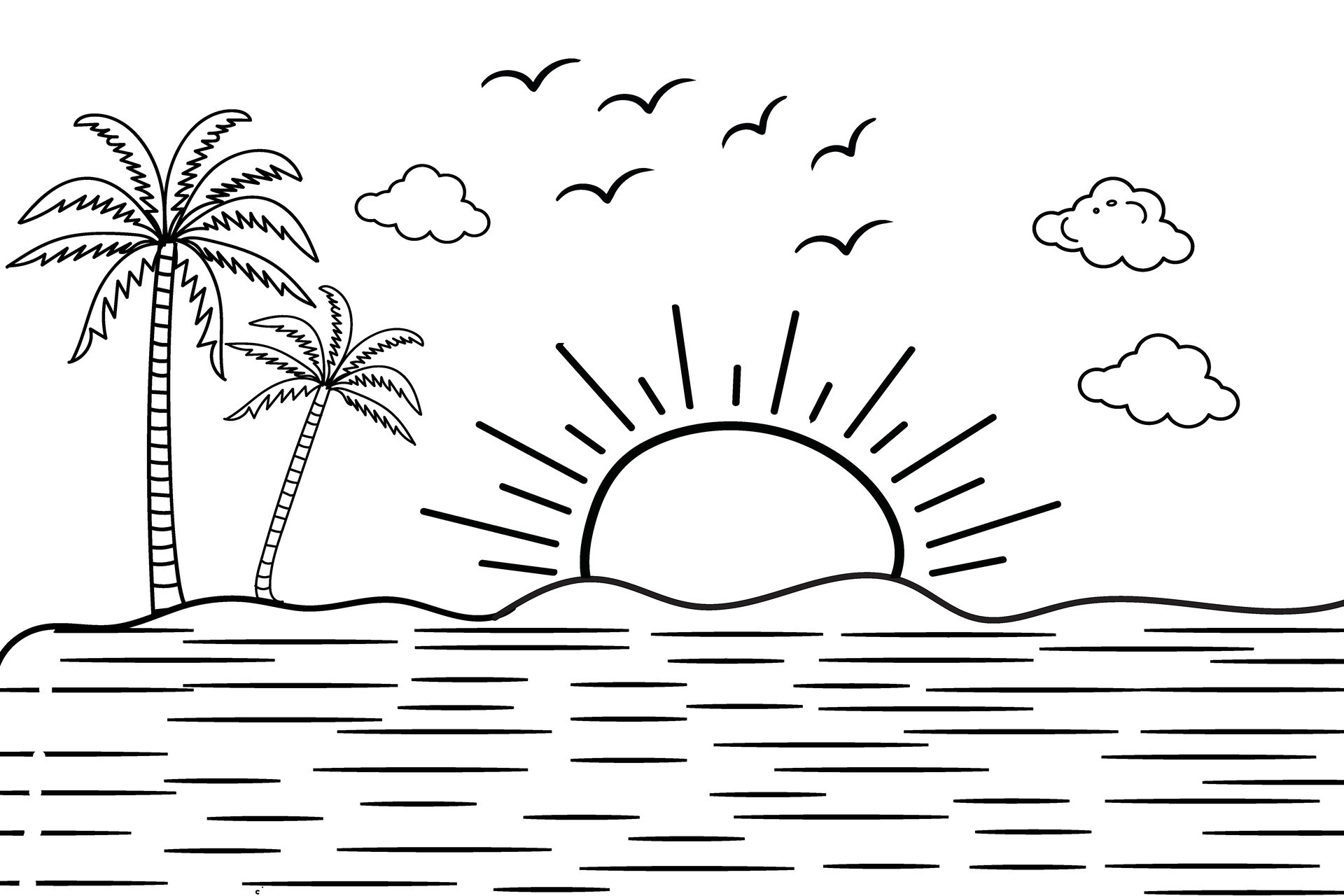 Summer Sunset Tropical Beach Line Art Vector Illustration Hand Drawn