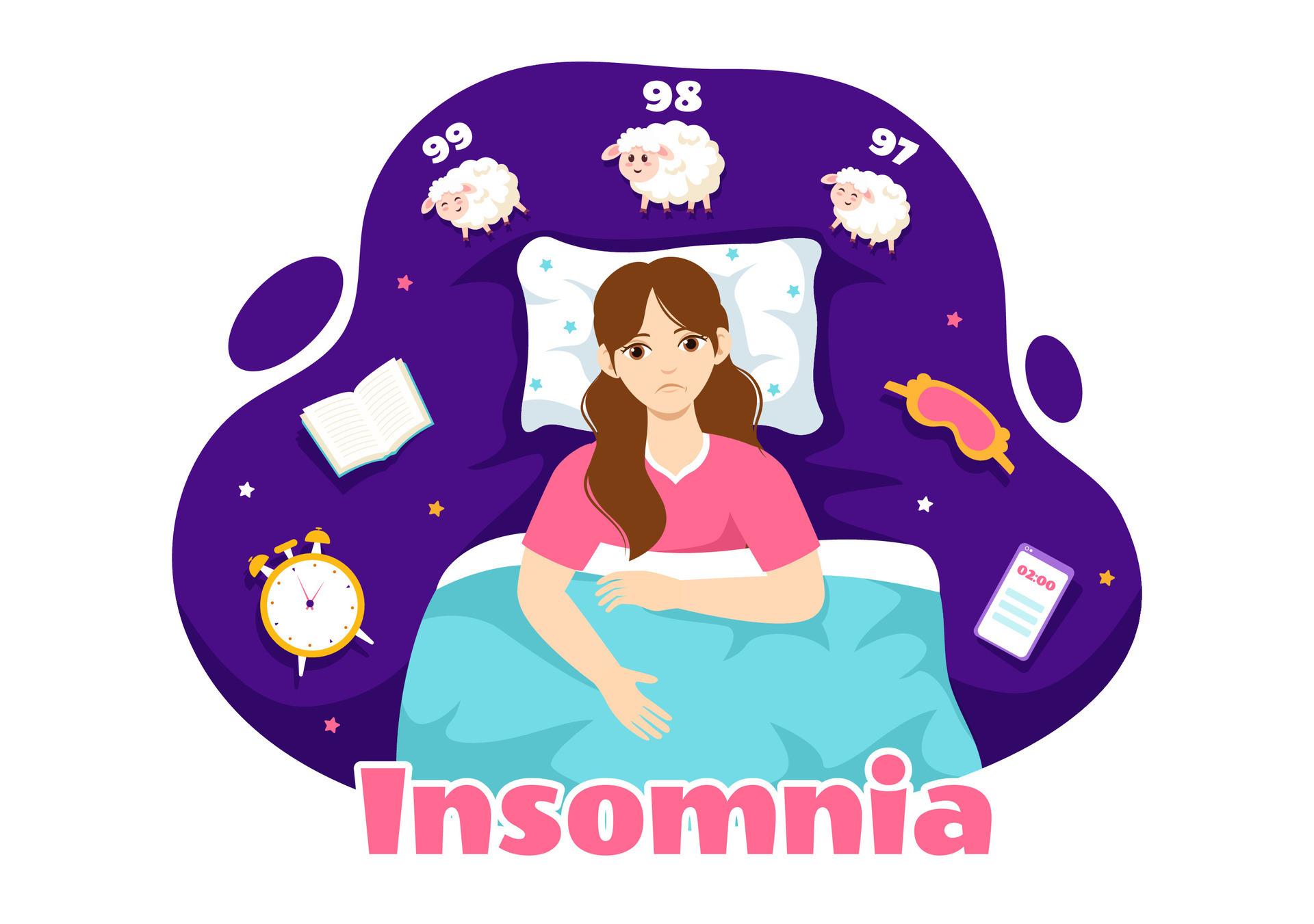 Insomnia Vector Illustration With Young People Unable To Sleep insomnia-vector-illustration-with-young-people-unable-to-sleep