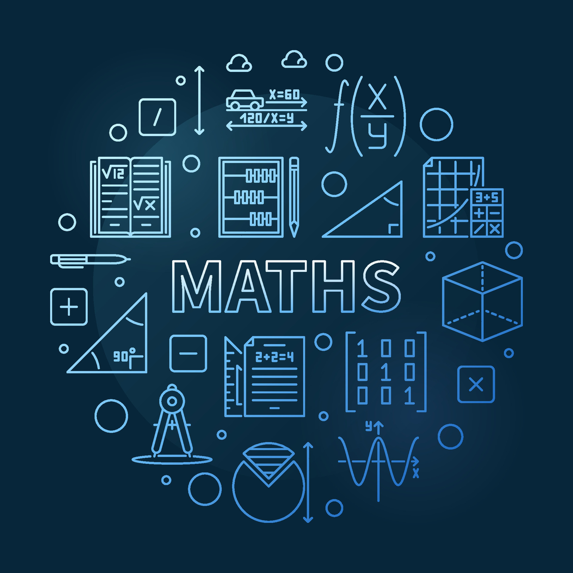 Maths concept vector thin line round blue banner. Math illustration ...