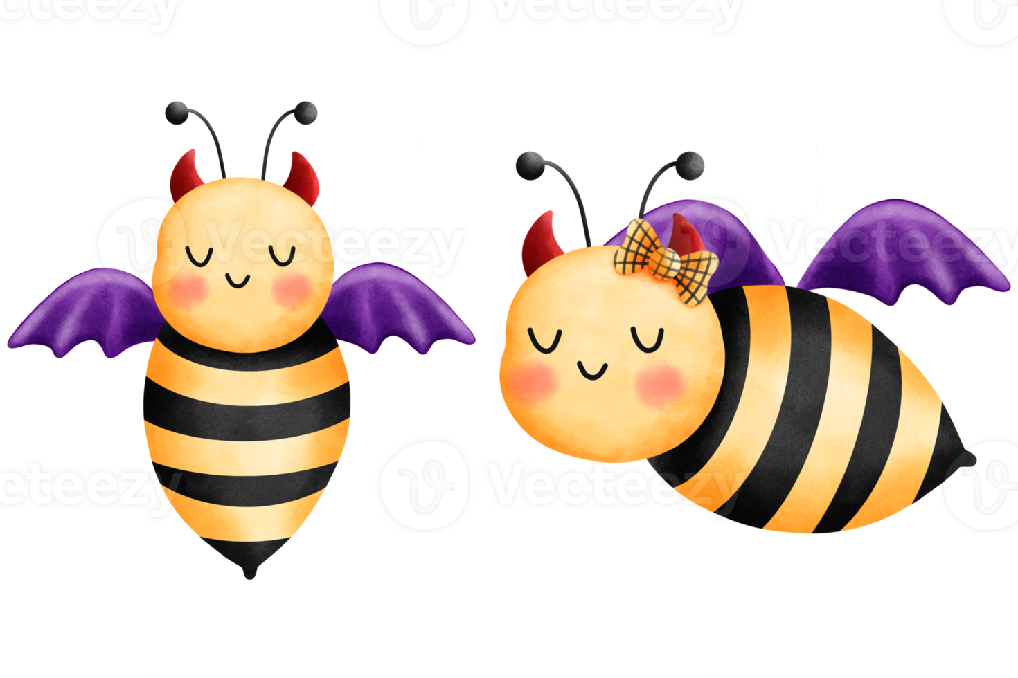Cheerful watercolor bees with red horns in halloween theme set ...