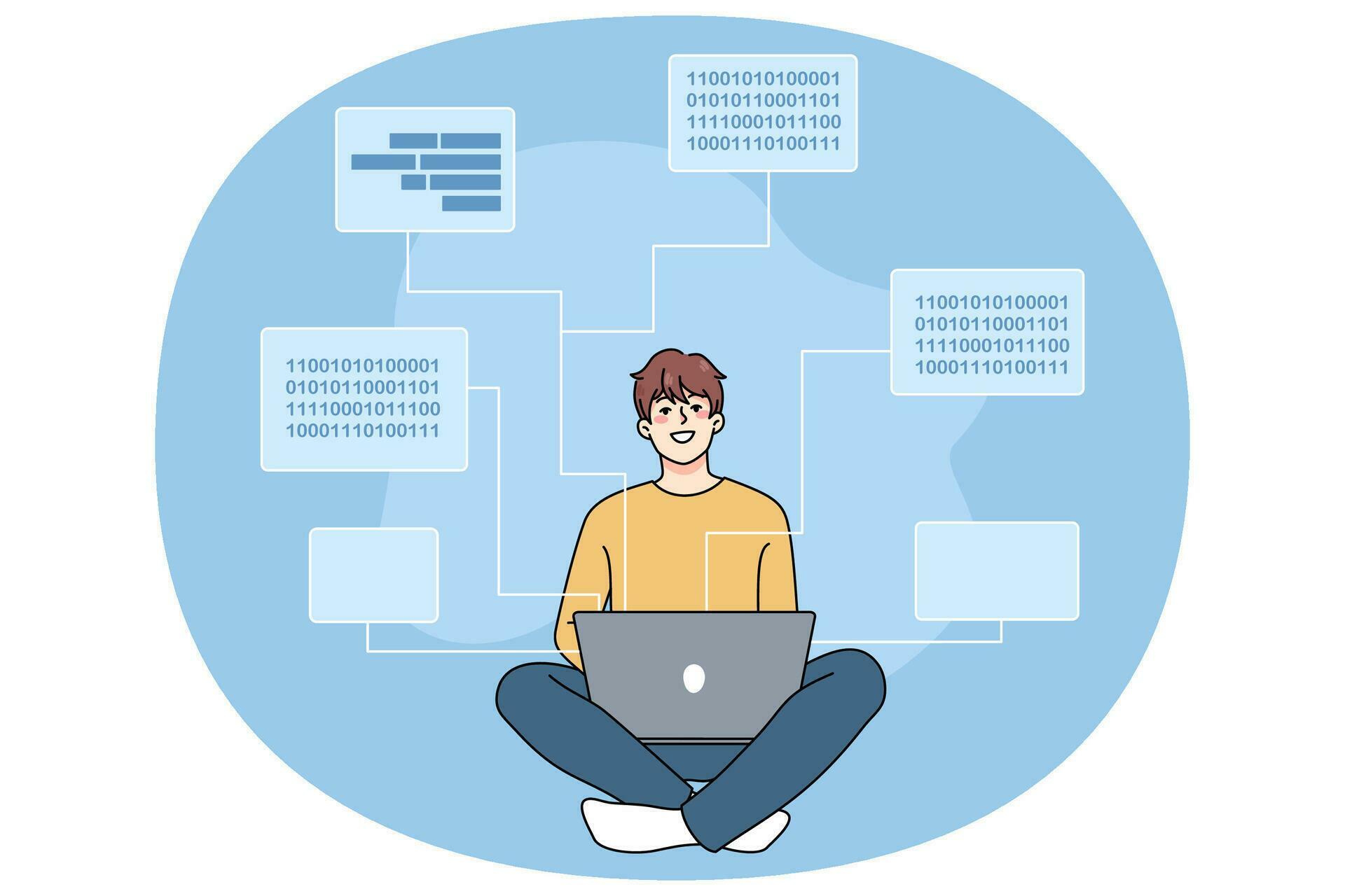 Smiling software engineer writing codes on computer 25367850 Vector Art ...