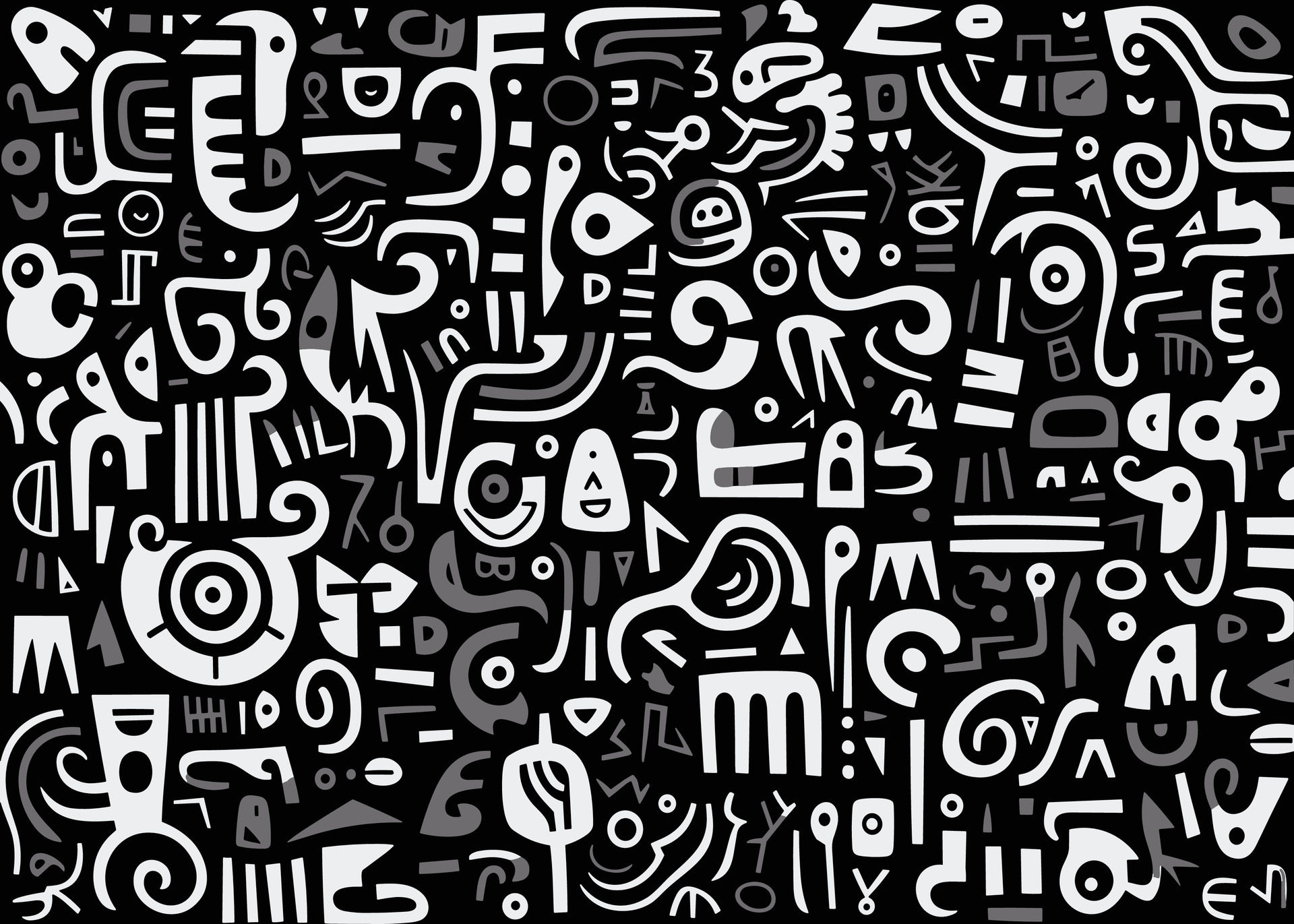 abstract pattern in black and white with various shapes and symbols, in ...