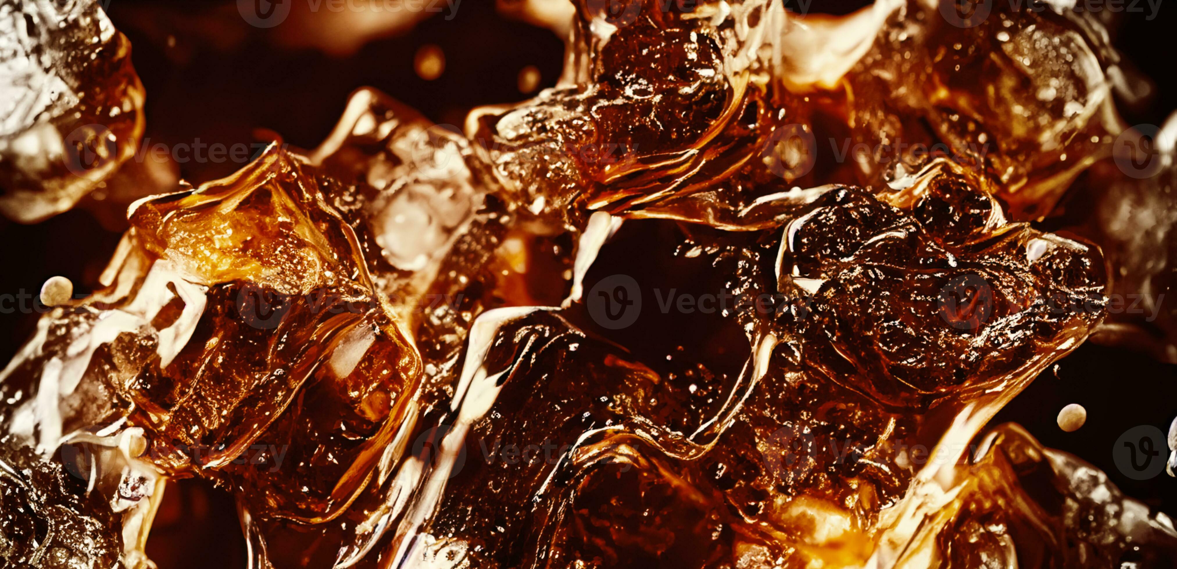 Cola with Ice. Close up of the ice cubes in cola water. Texture of carbonate drink with bubbles ...