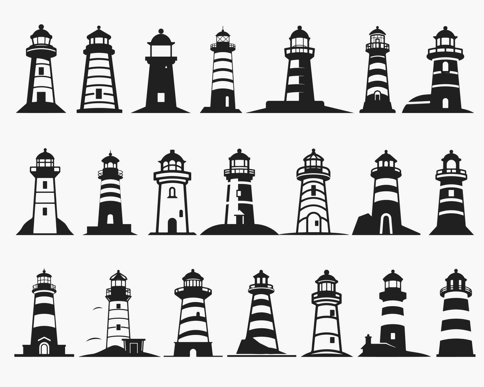 Lighthouse silhouette icons set logo black beacon light ocean sea light house nautical marine ...