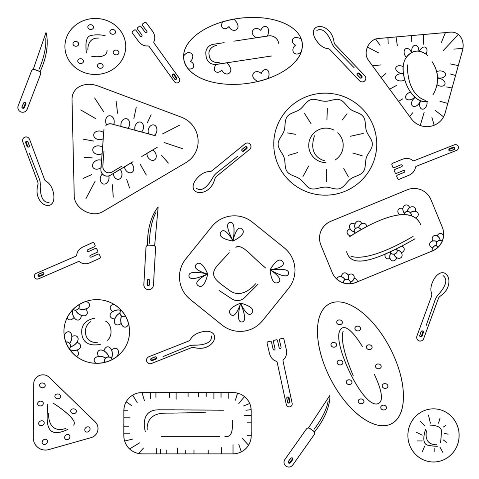 A Set Of Different Types And Shapes Of Plates And Cutlery Doodle Black a-set-of-different-types-and-shapes-of-plates-and-cutlery-doodle-black