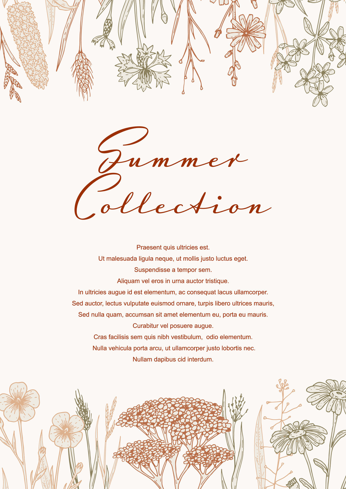 Summer Vertical Design With Wildflowers Hand Drawn Vector Illustration