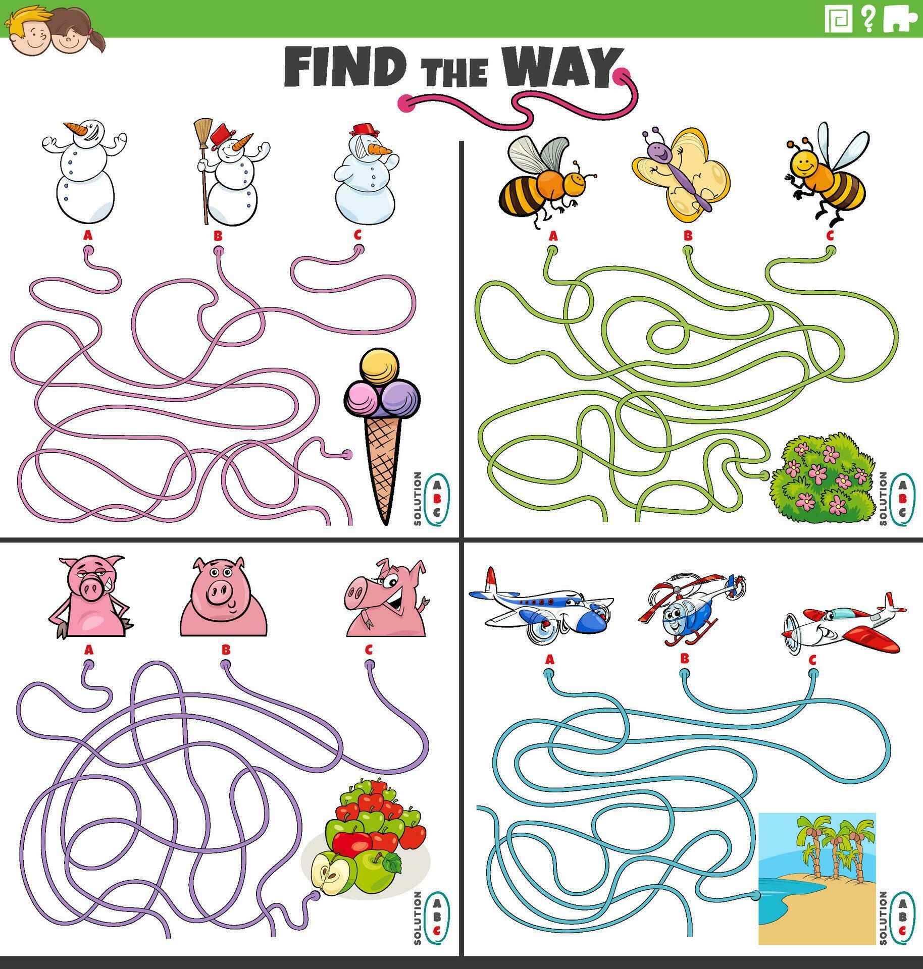 find the way maze games set with cartoon characters 25384908 Vector Art ...