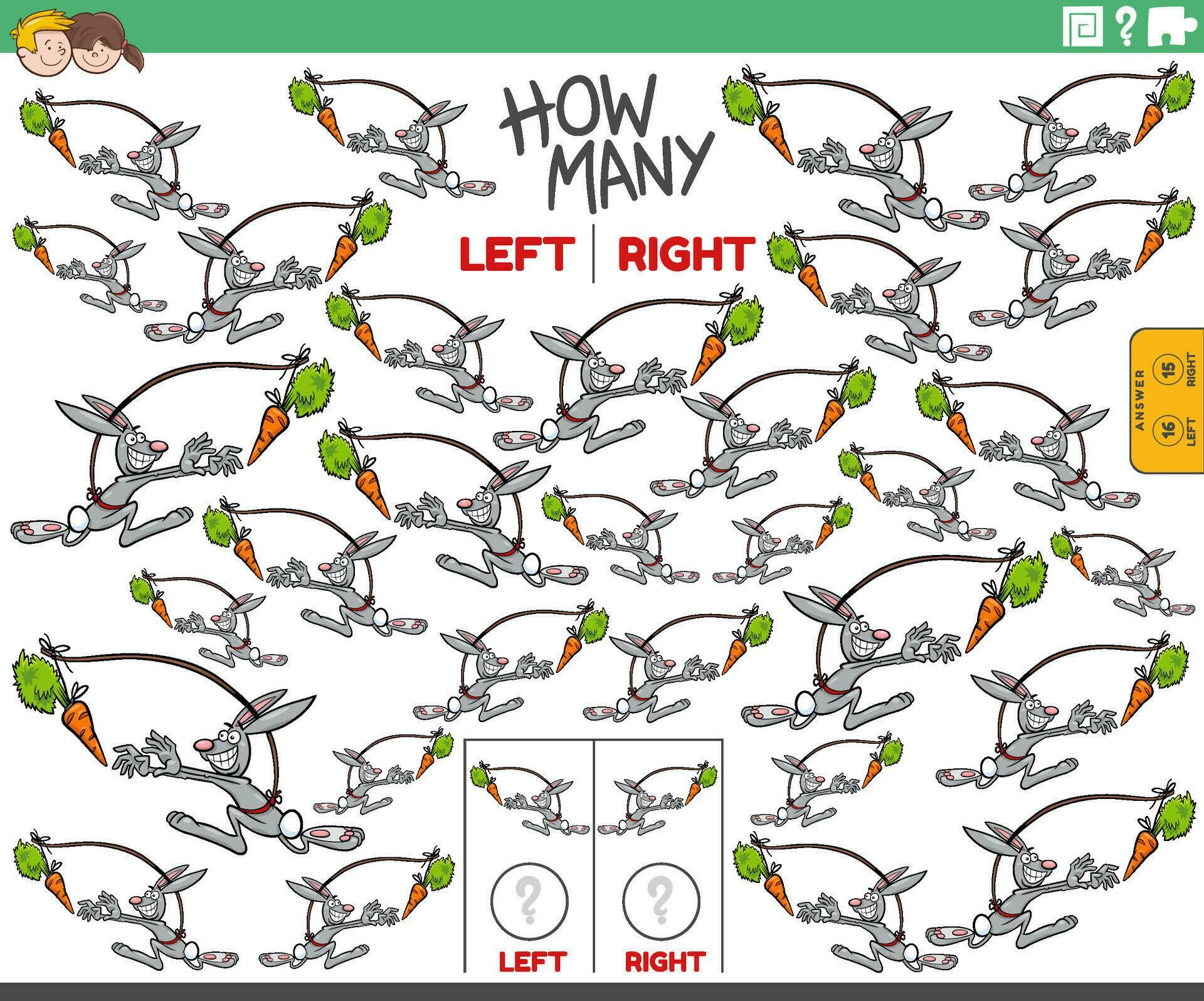 counting left and right pictures of comic rabbit chasing a carrot ...