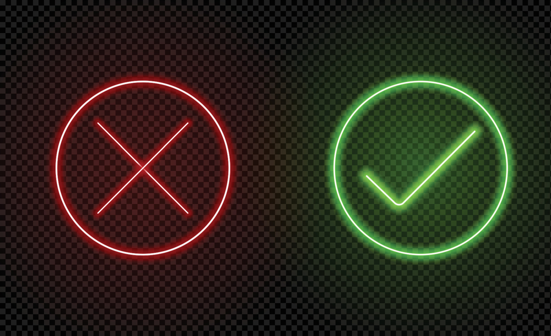 Check Mark And Cross Mark In Neon Style Retro Signs With Glowing Neon Check Mark And Cross Mark In Neon Style Retro Signs With Glowing Neon