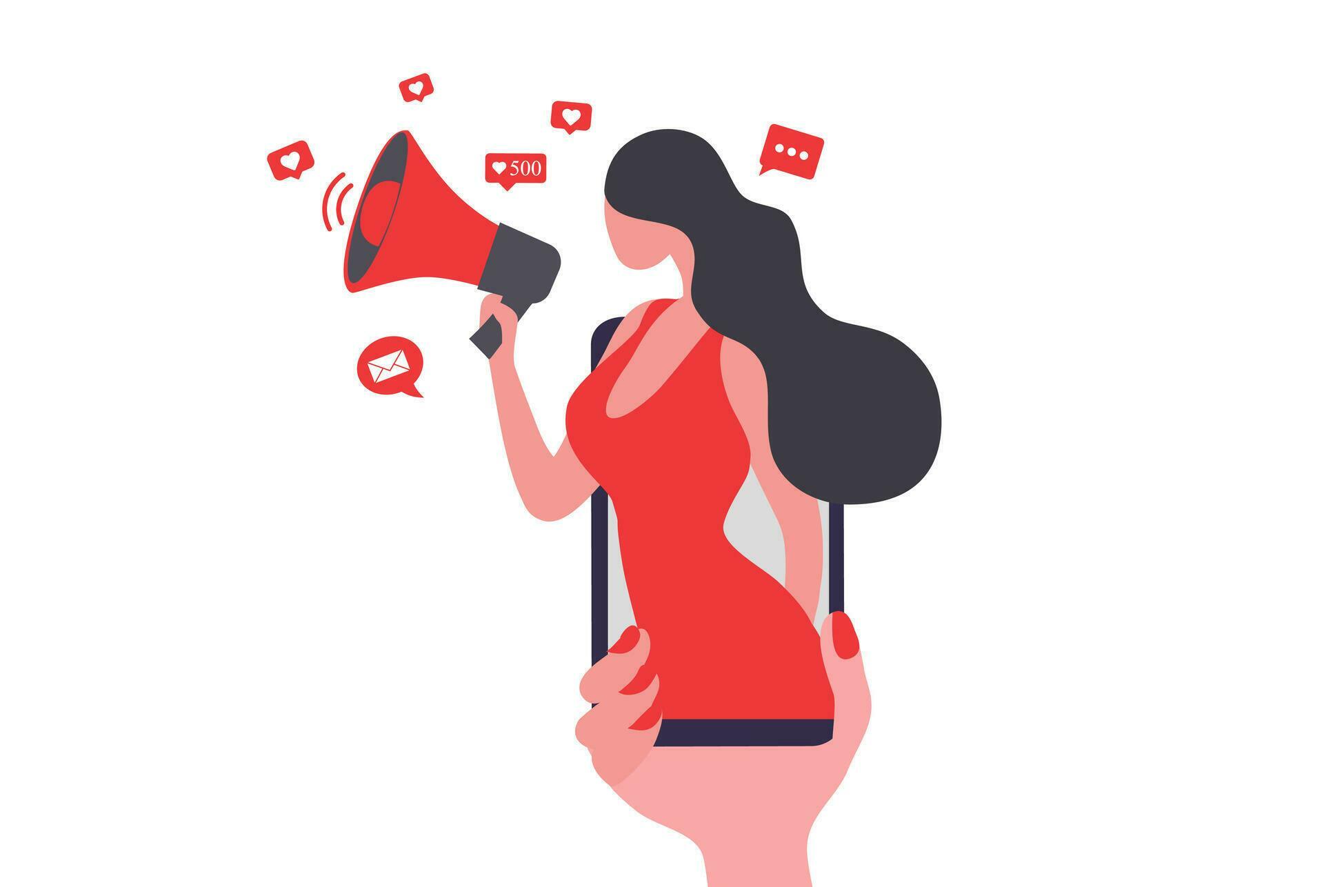Woman Shouting In Loud Speaker With Social Media Icons Influencer