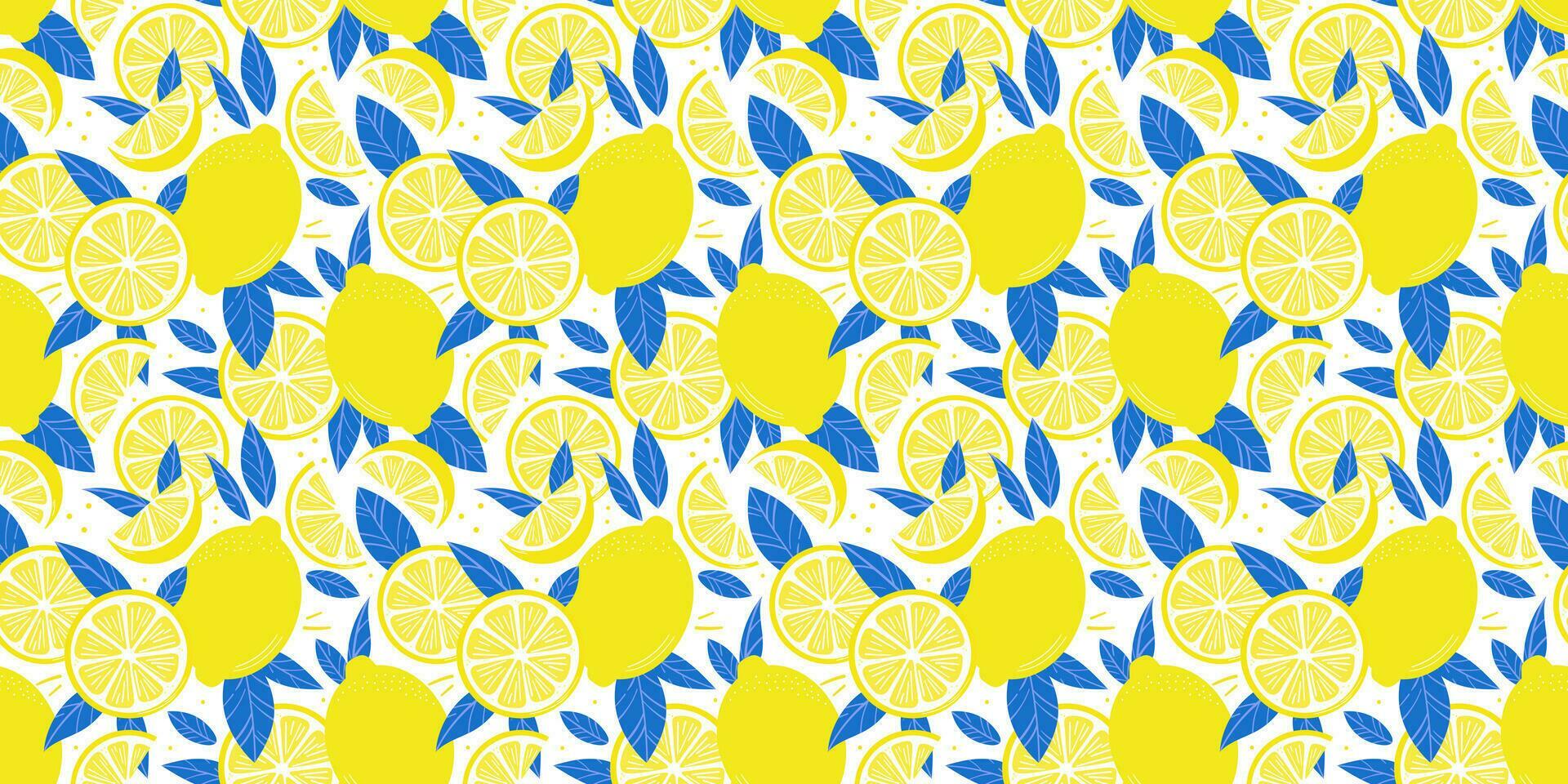 Lemon seamless vector repeat pattern with citrus fruit slices, tropical print for the summer ...